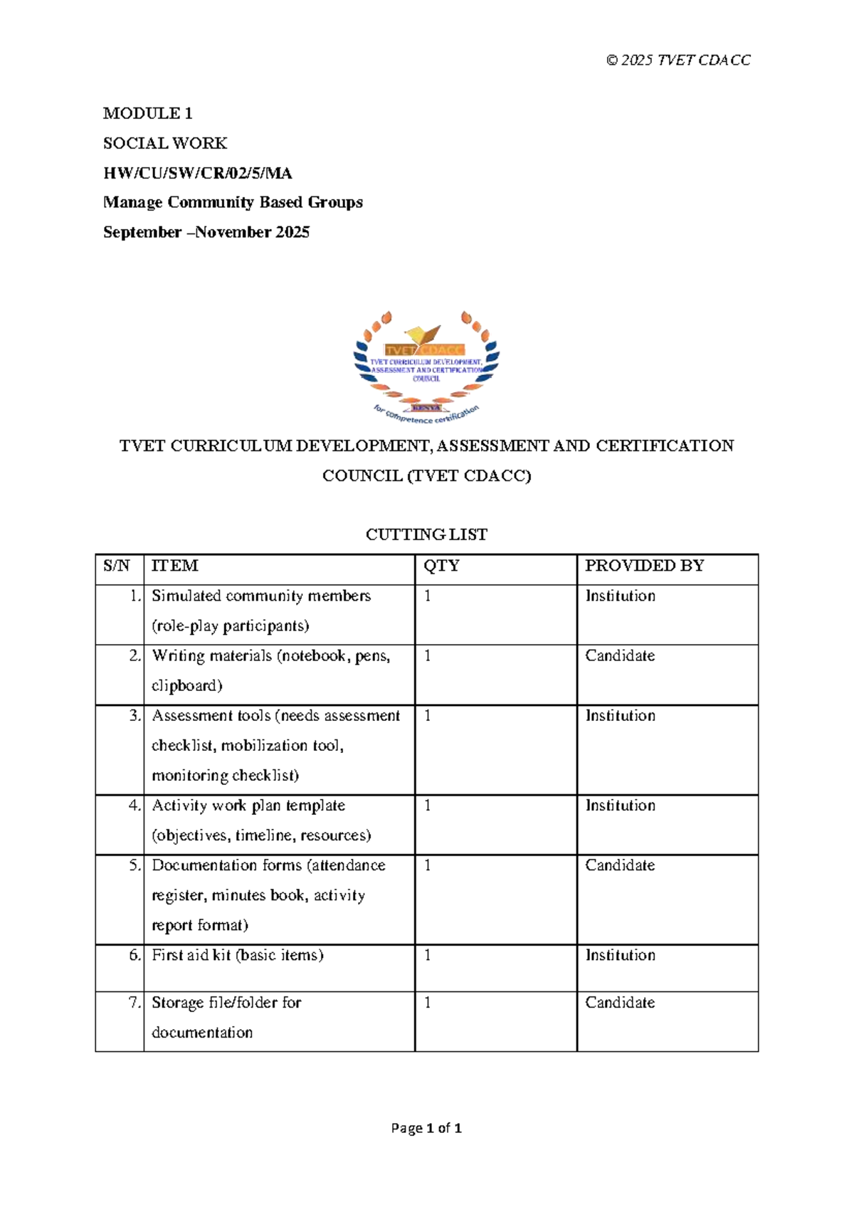 Cutting LIST Manage Community Based Groups - © 2025 TVET CDACC Page 1 ...
