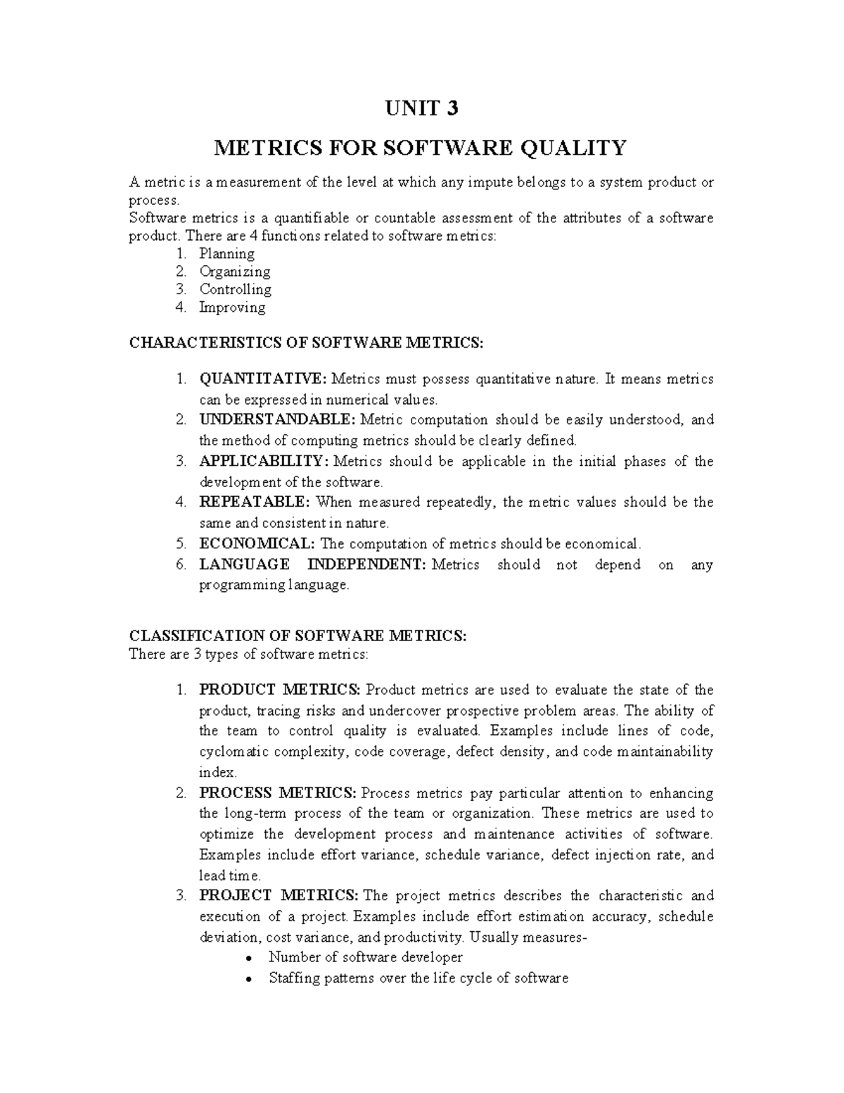 Unit 3 SQM: Metrics for Software Quality - Essential for CSE Students - Studocu