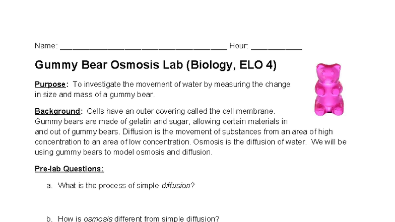 Gummy Bear Osmosis Lab (Biology, ELO 4) - Experiment & Analysis - Studocu