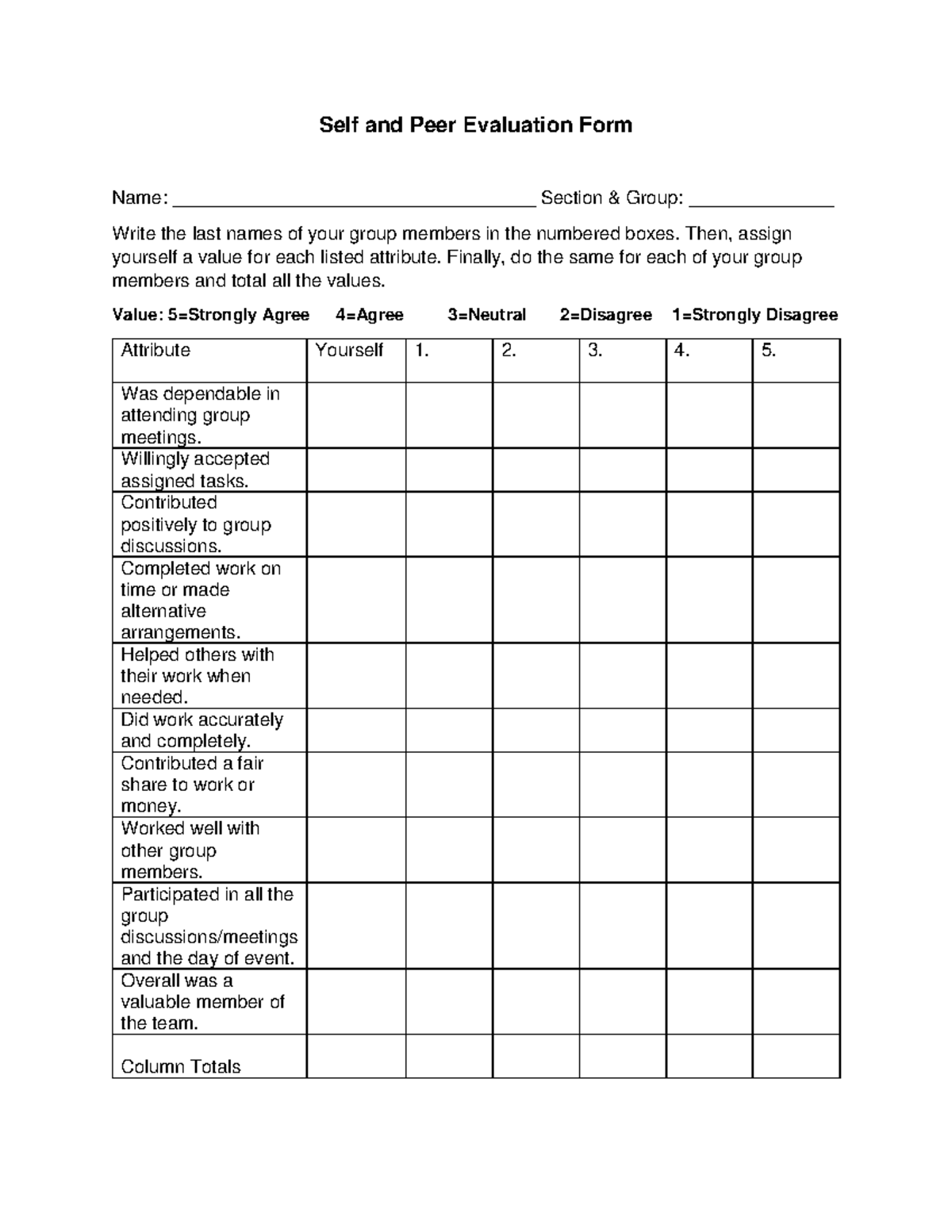 Self and Peer Evaluation Template for Group Projects - Studocu