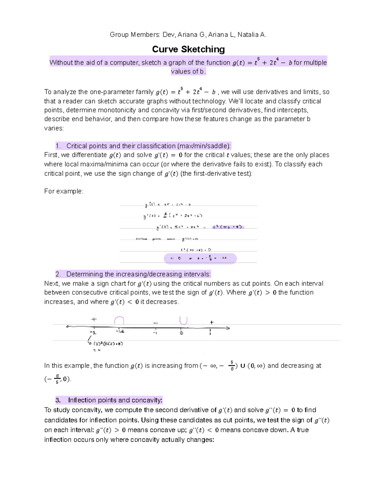 Curve Sketching Analysis for Group Project 2: Function g(t) - Studocu