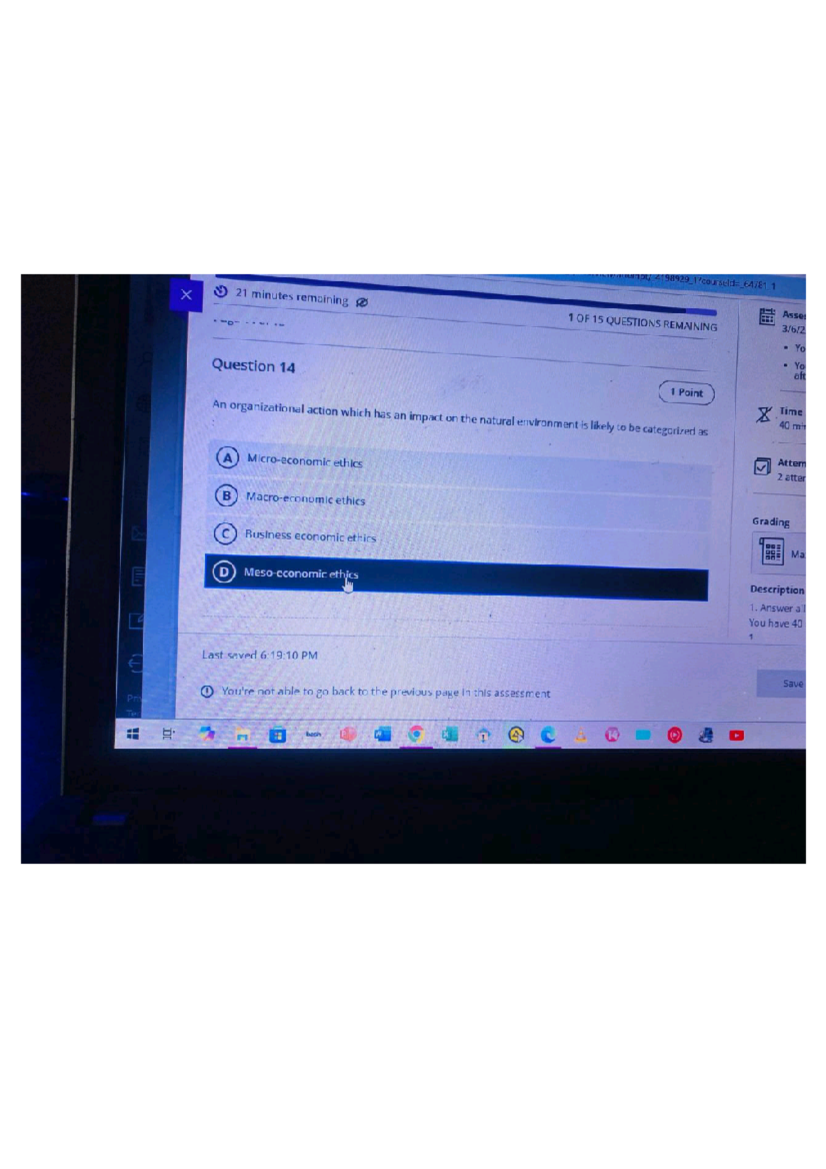 Business Ethics quiz 2 - practice - 21 minutes remaining Asse: 1 OF 15 ...