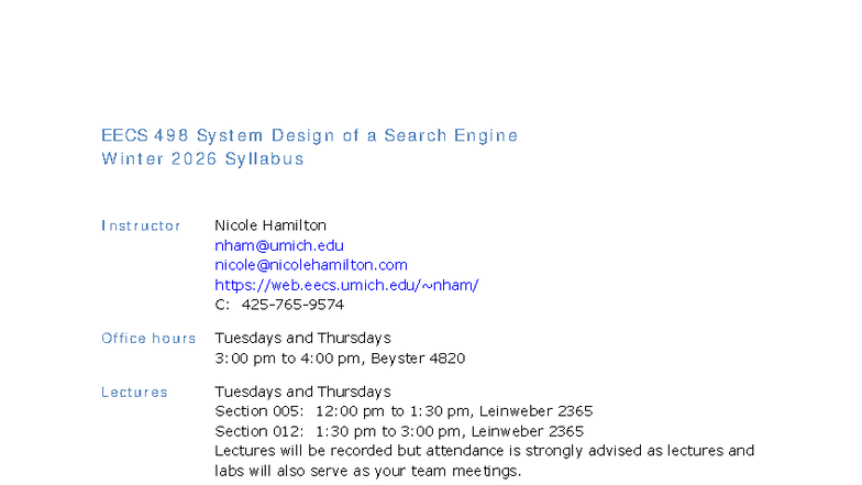 EECS 498 Winter 2026 Search Engine System Design Syllabus - Studocu
