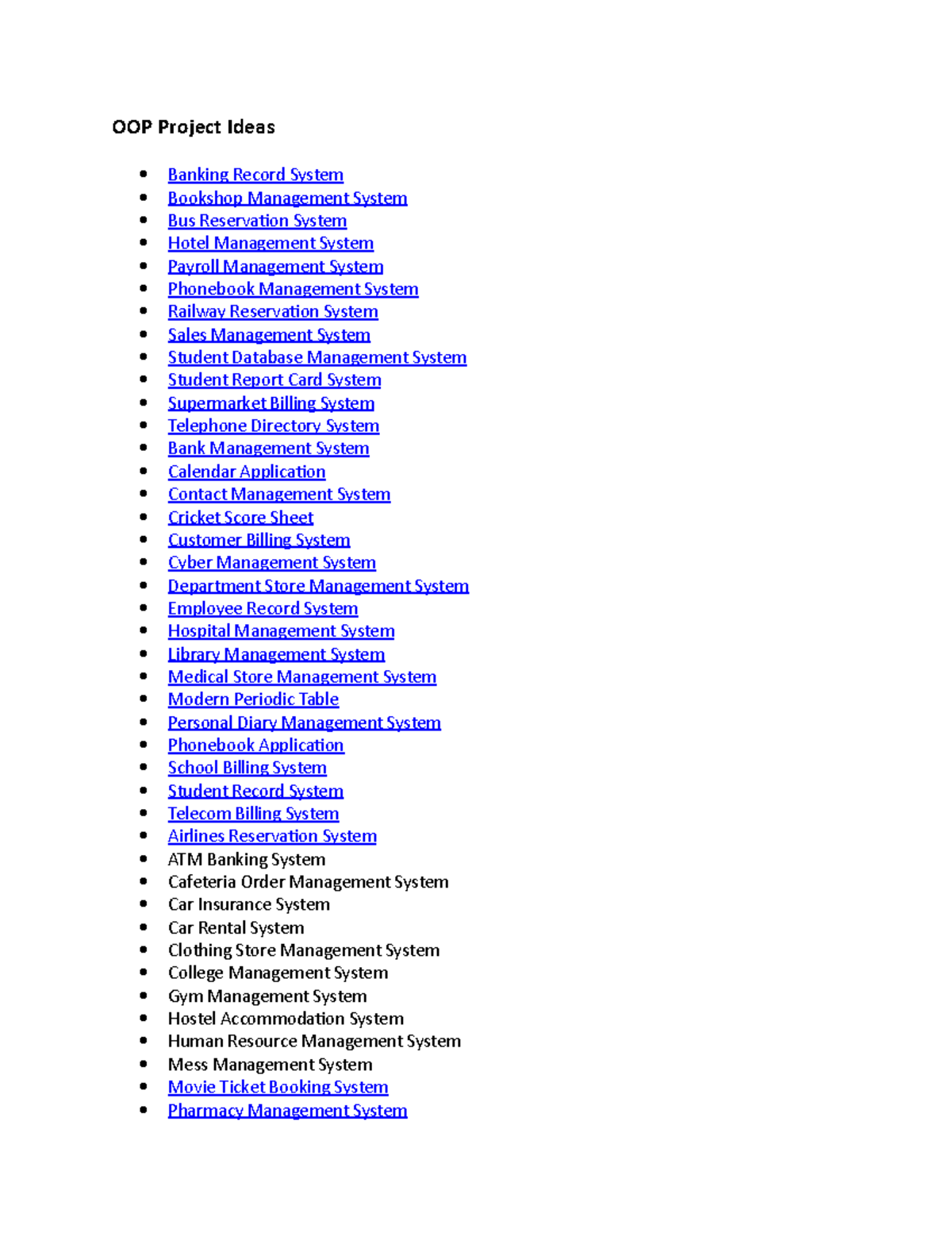OOP Project Ideas - OOP Project Ideas Banking Record System Bookshop Management SystemBus - Studocu