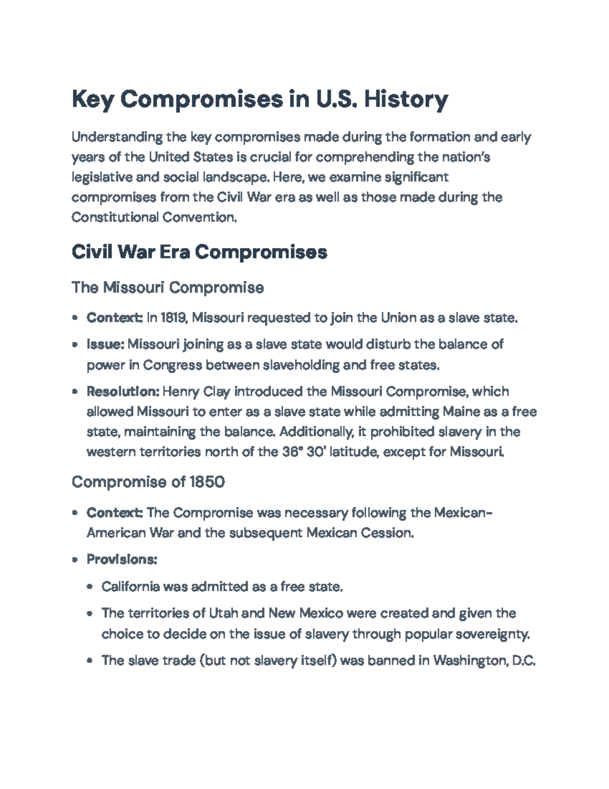 Key Compromises in U.S. History: Civil War & Constitutional Convention ...