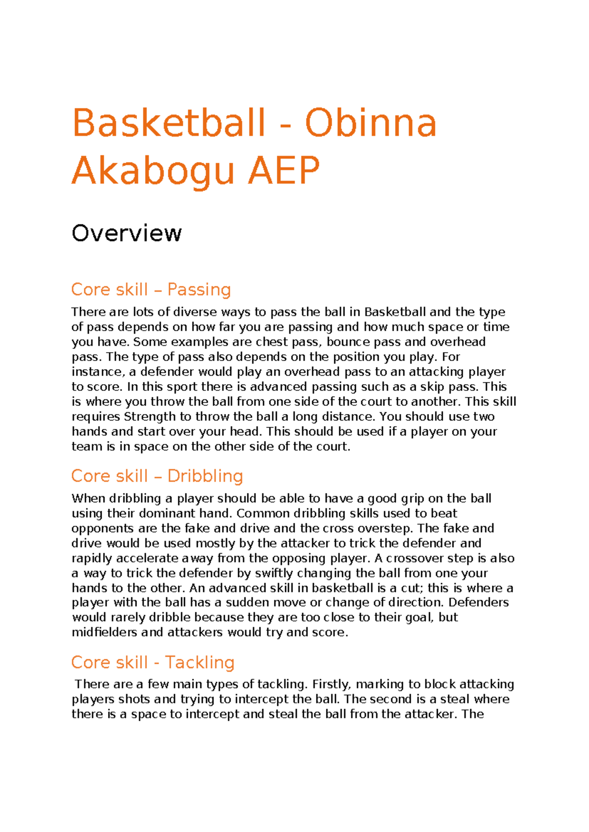 Basketball Skills Overview and Assessment - AEP - Studocu