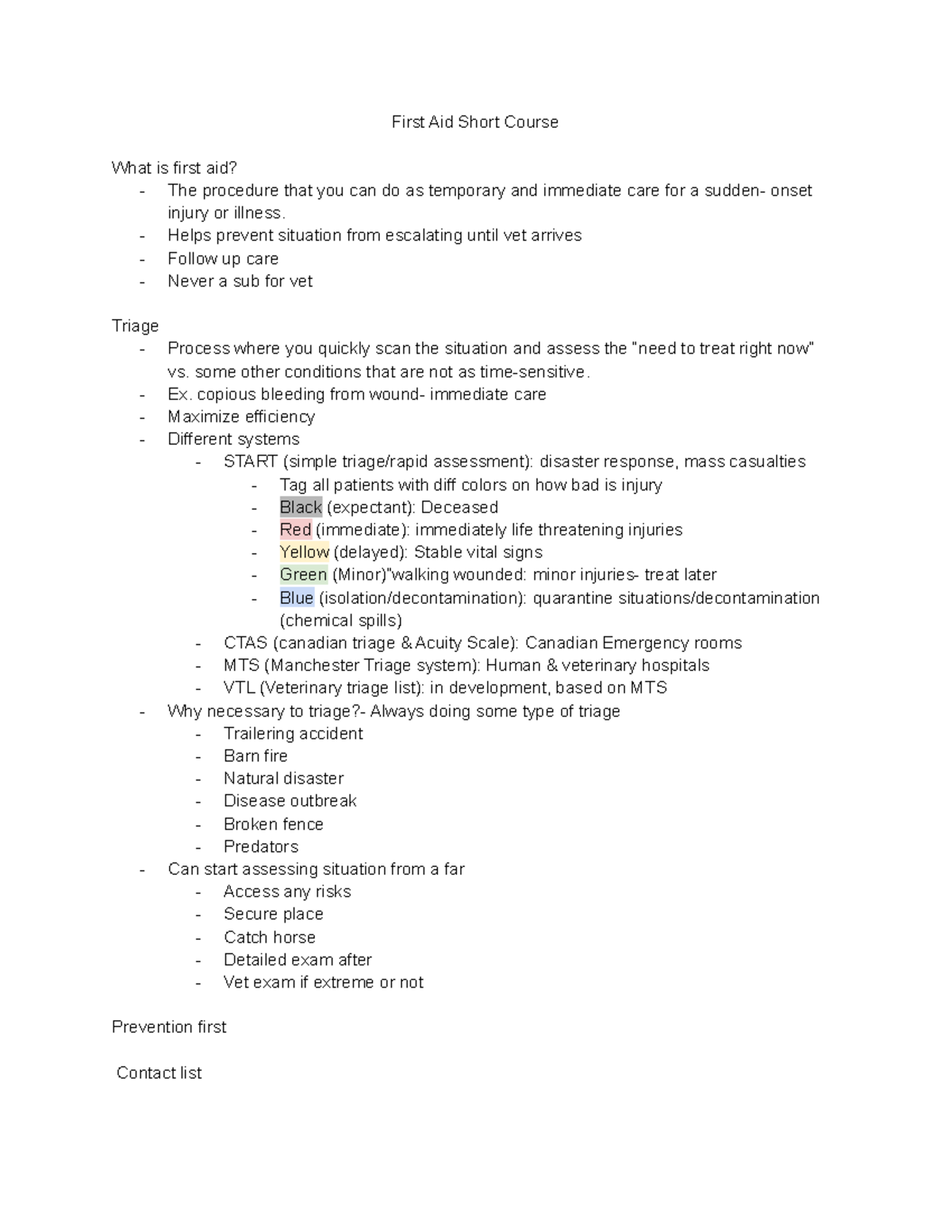EQN- First Aid Short Course Notes on Triage and Injury Management - Studocu