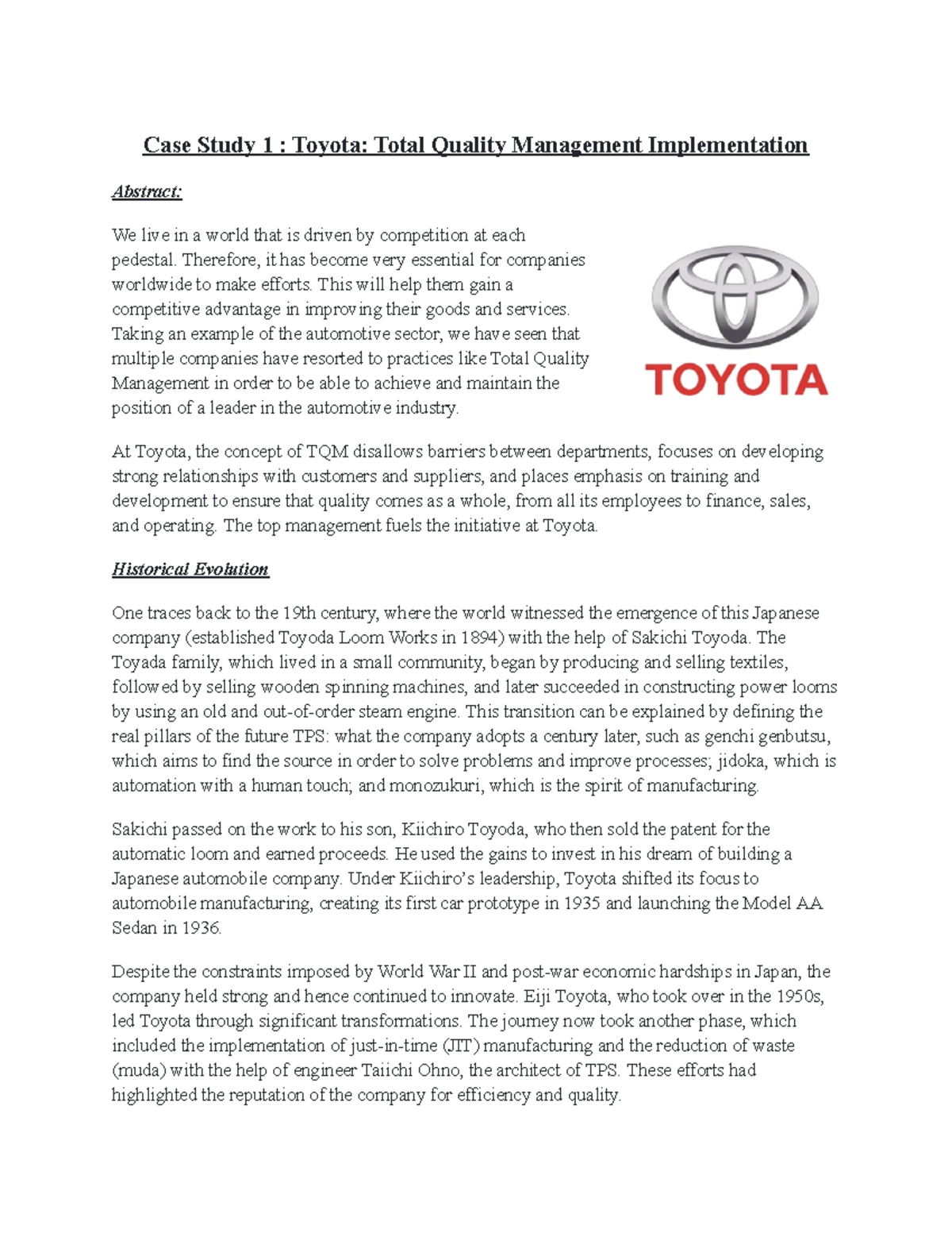 Toyota Case Study: TQM Principles and Implementation Analysis - Studocu