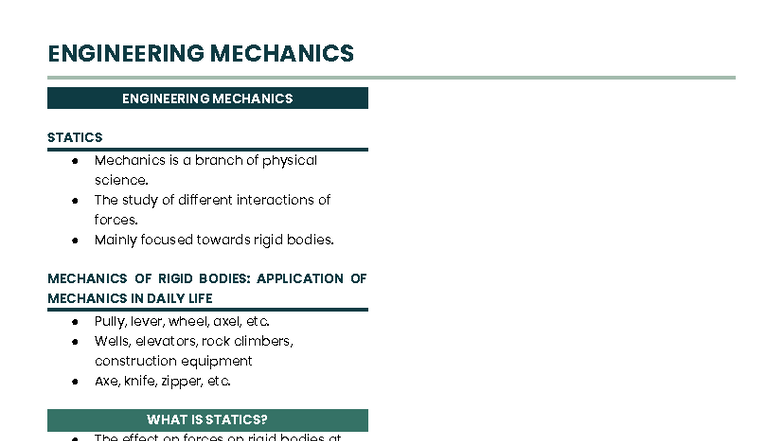 ENGR 101: Mechanics of Rigid Bodies and Statics Overview - Studocu