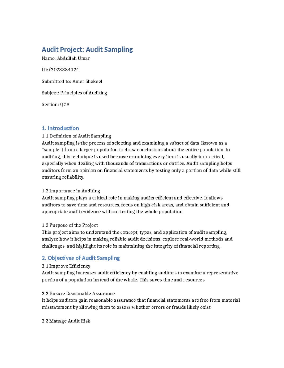 Audit Sampling Project: Principles of Auditing QCA - Studocu