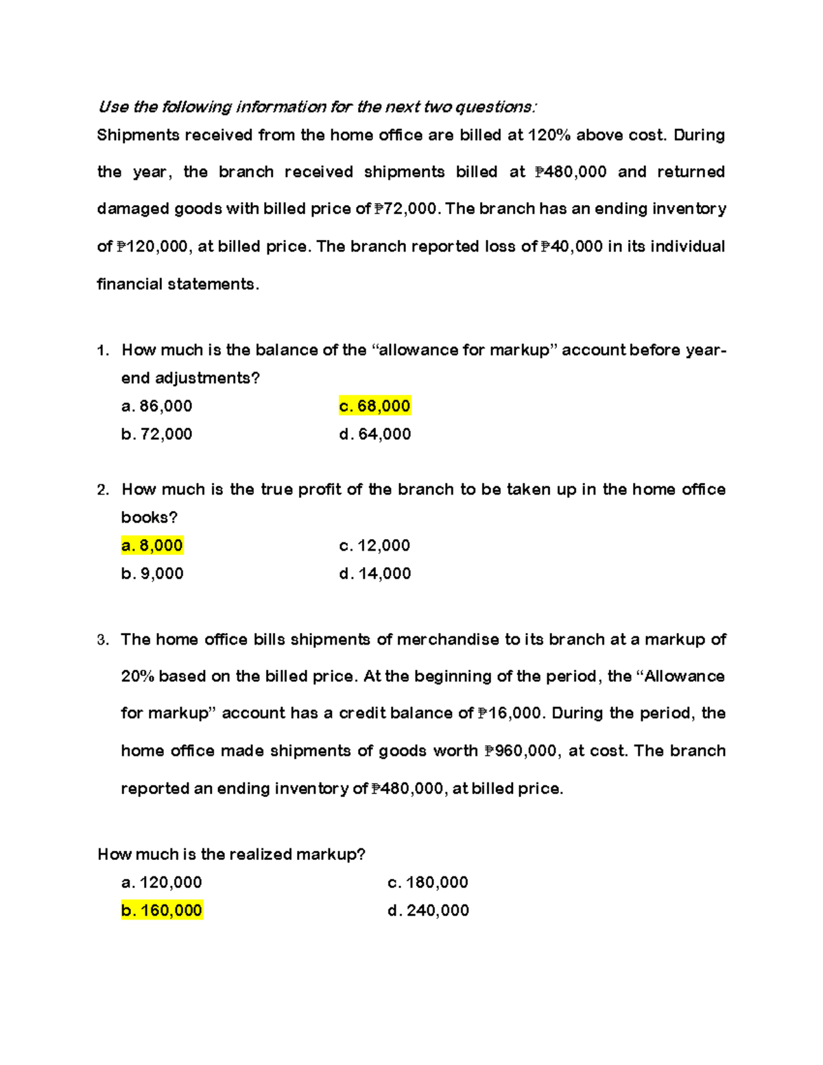 Allowance for markup - Use the following information for the next two ...