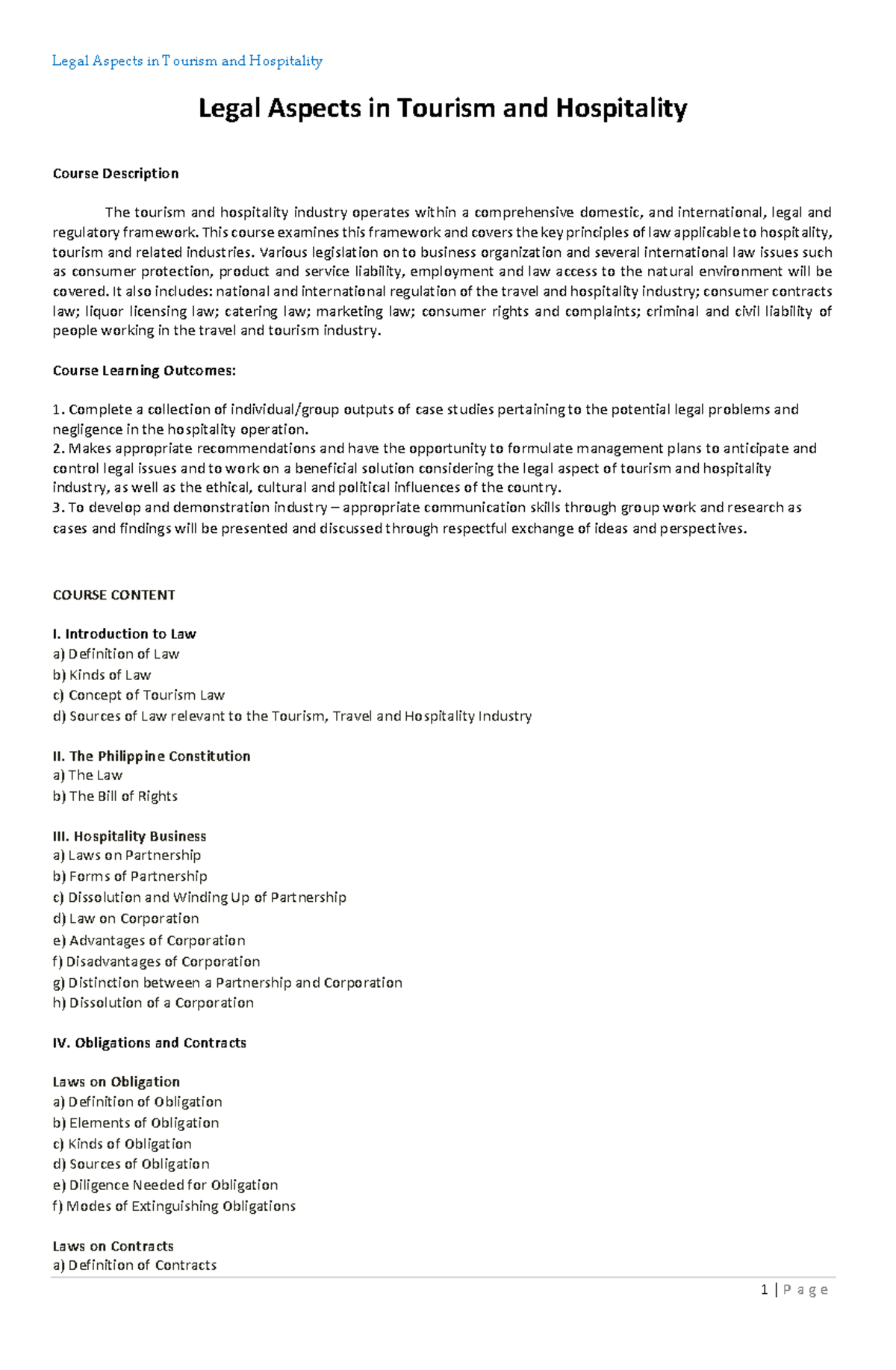 Legal Aspects and Principles of Law in Tourism and Hospitality (LST 101 ...