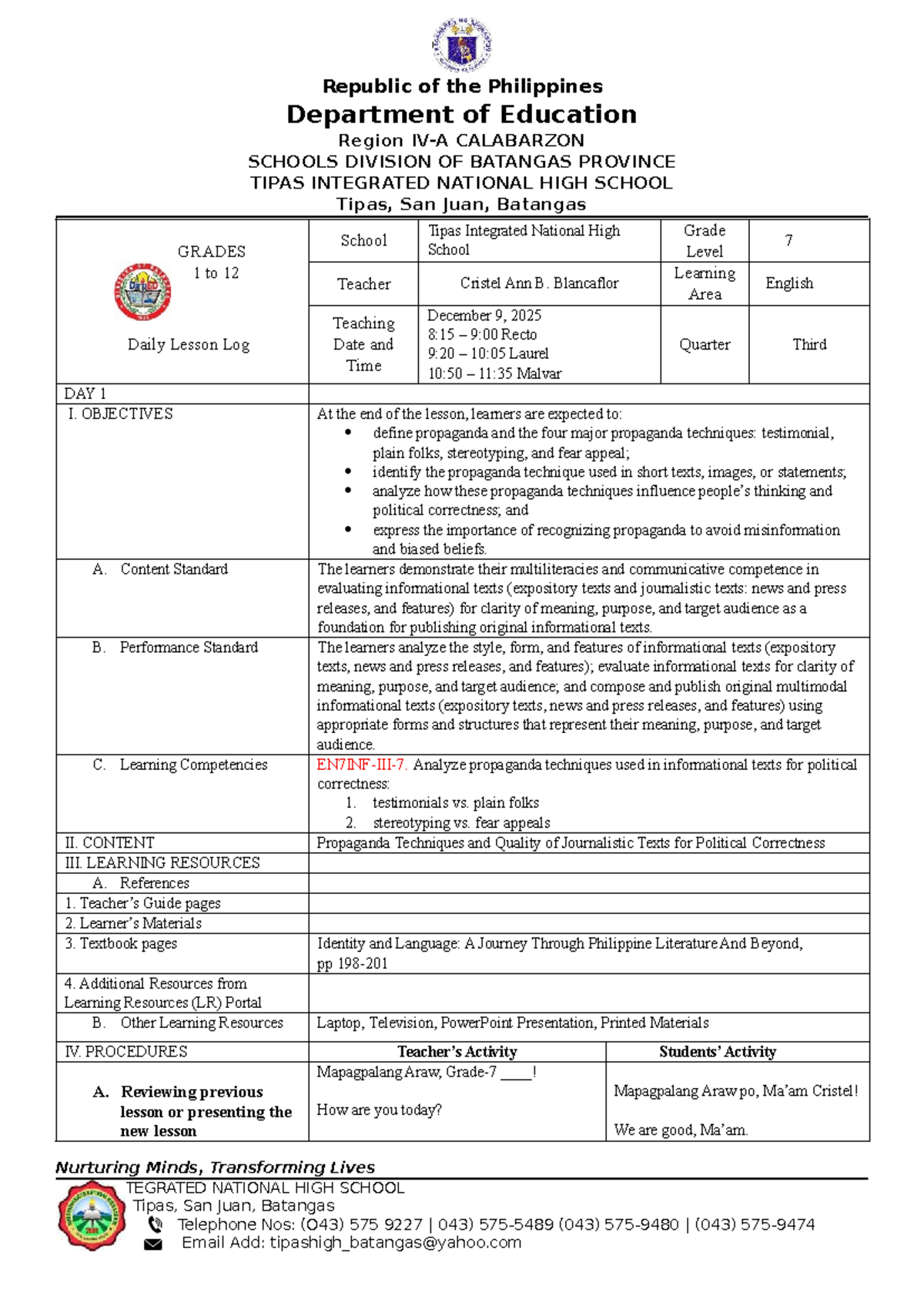 Q3-DEC. 11 - Detailed Lesson Plan for Grade 7 English on Propaganda ...