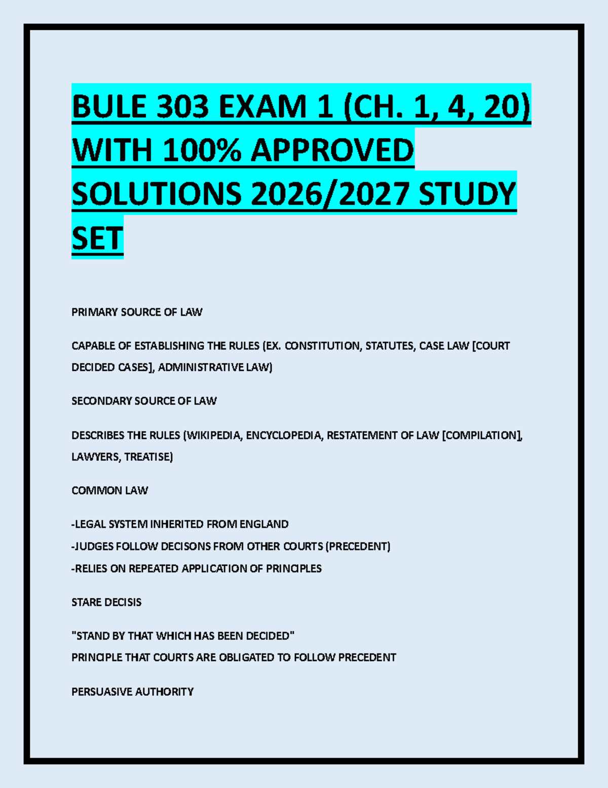 BULE 303 EXAM 1 (CH. 1, 4, 20) 100% APPROVED SOLUTIONS STUDY SET - Studocu