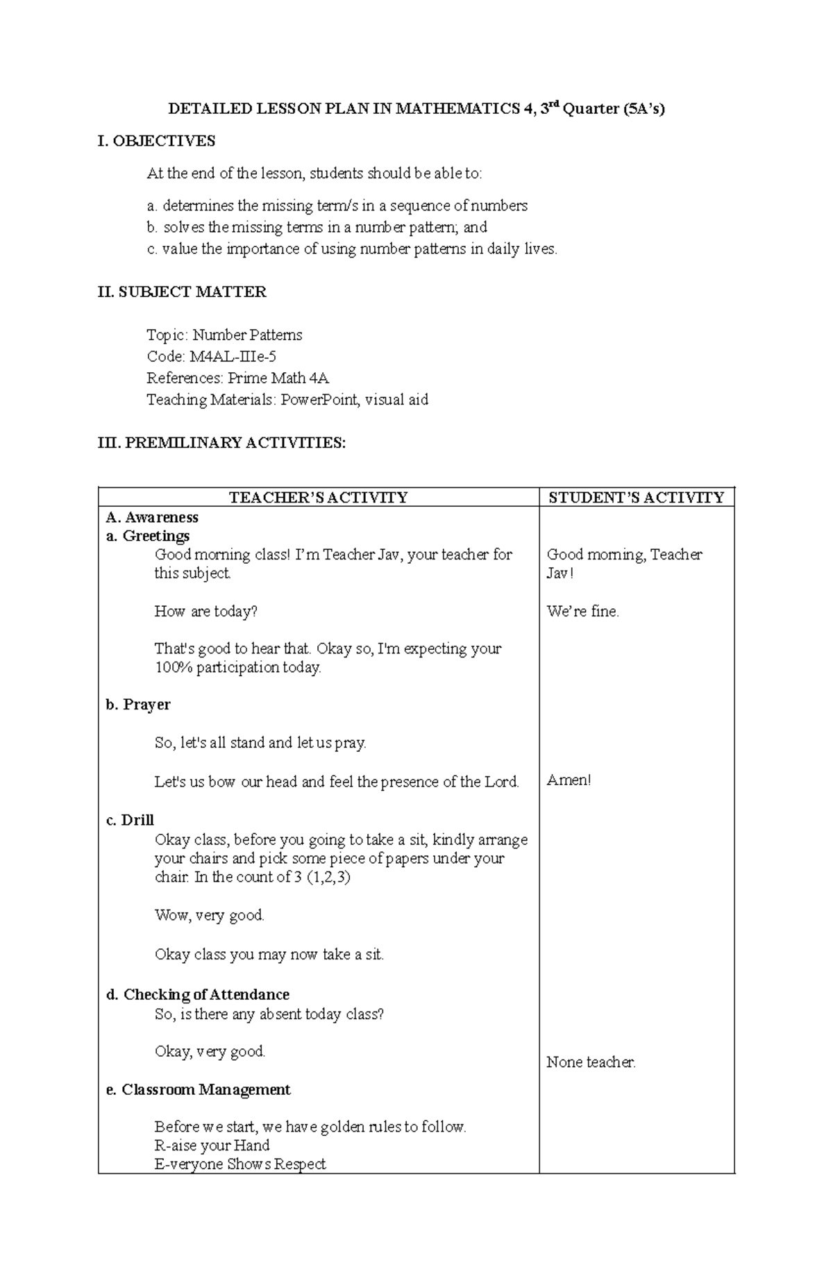 LPMATH4 - Detailed Lesson Plan on Number Patterns for 3rd Quarter - Studocu