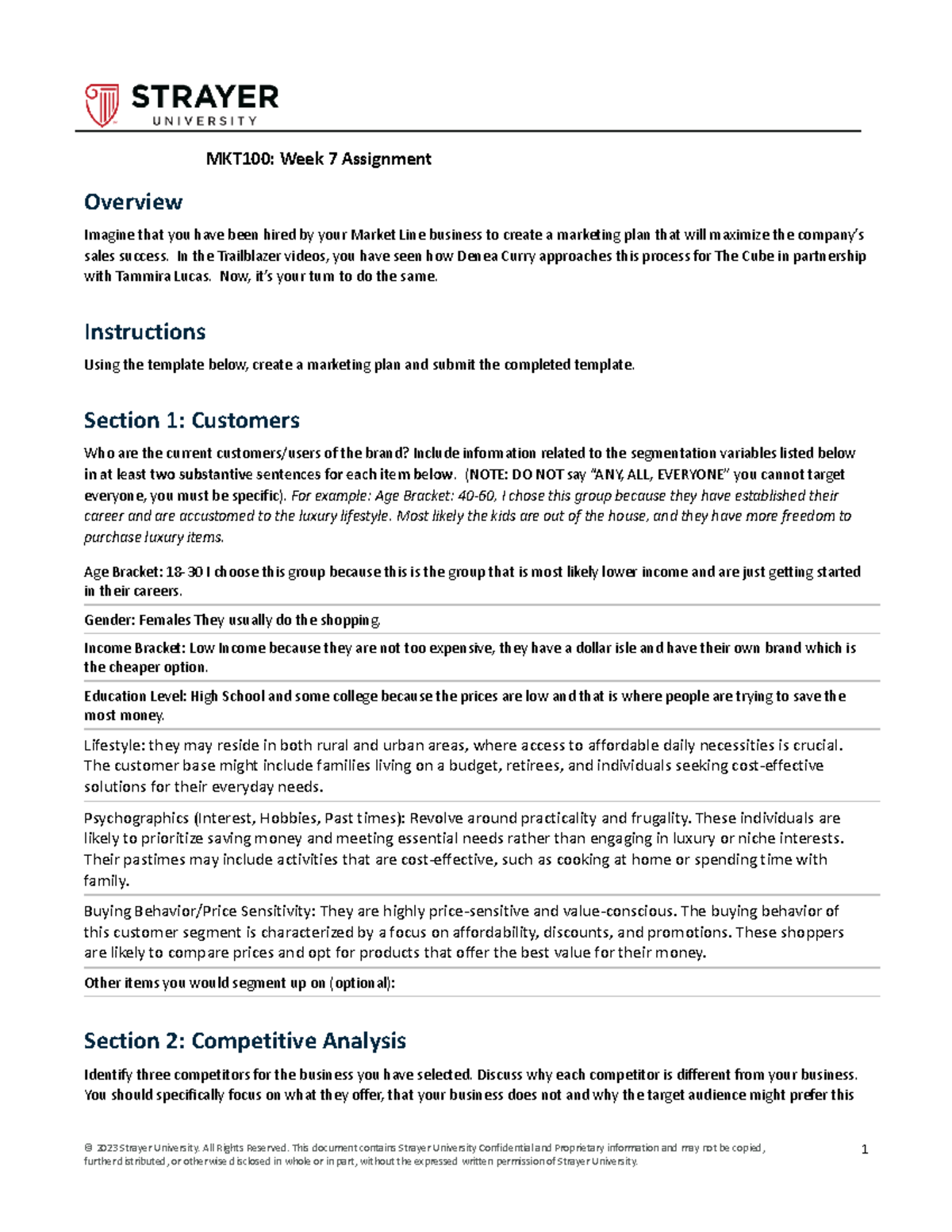 MKT100 Week 7 Marketing Plan Assignment Template - Studocu