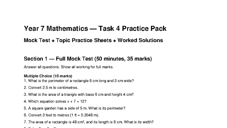 Year 7 Math Task 4 Mock Test & Practice Sheets with Solutions - Studocu