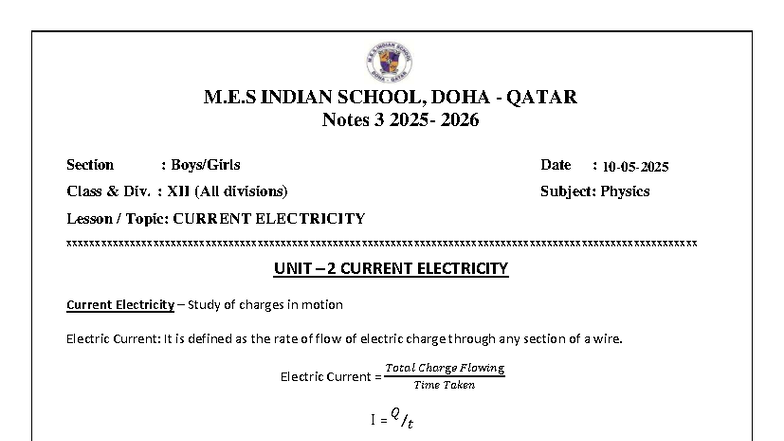 Current Electricity - XII Physics Lesson Notes (M.E.S. Indian School ...
