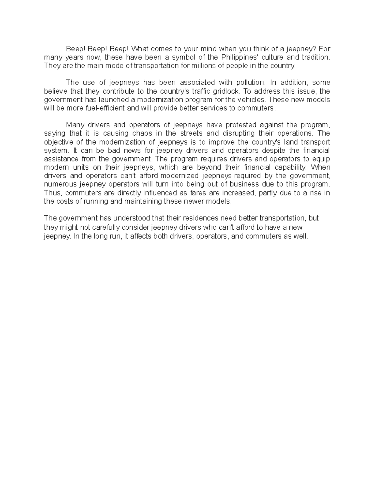 Opinion in Jeepney Modernization - Beep! Beep! Beep! What comes to your ...
