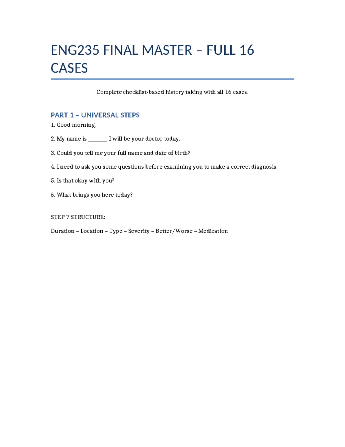 ENG235 FINAL MASTER: Comprehensive History Taking of 16 Cases - Studocu