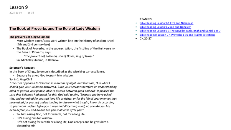 Lesson 9: The Book of Proverbs and Lady Wisdom's Role - Studocu