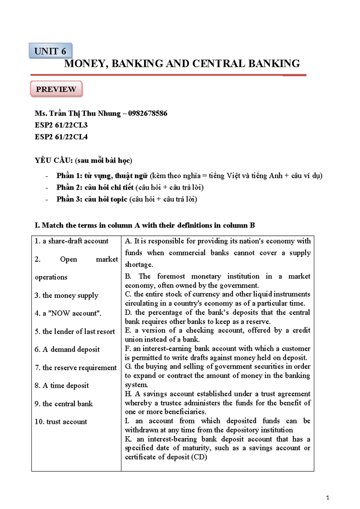 UNIT 6 Money & Banking Exam Preparation - ESP2 61/22CL - Studocu