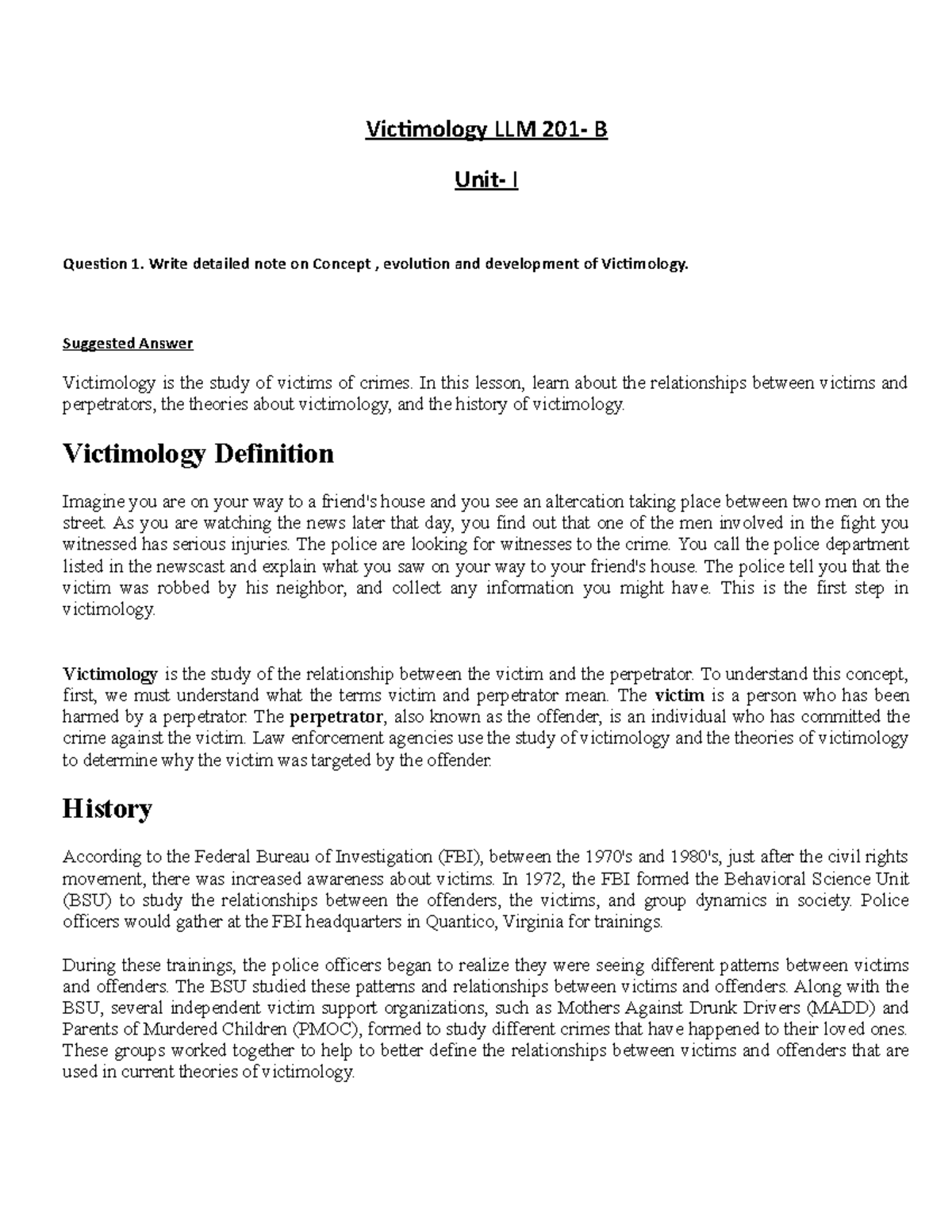 LLM 201-B Victimology - Lecture notes 4 - Victimology LLM 201- B Unit ...