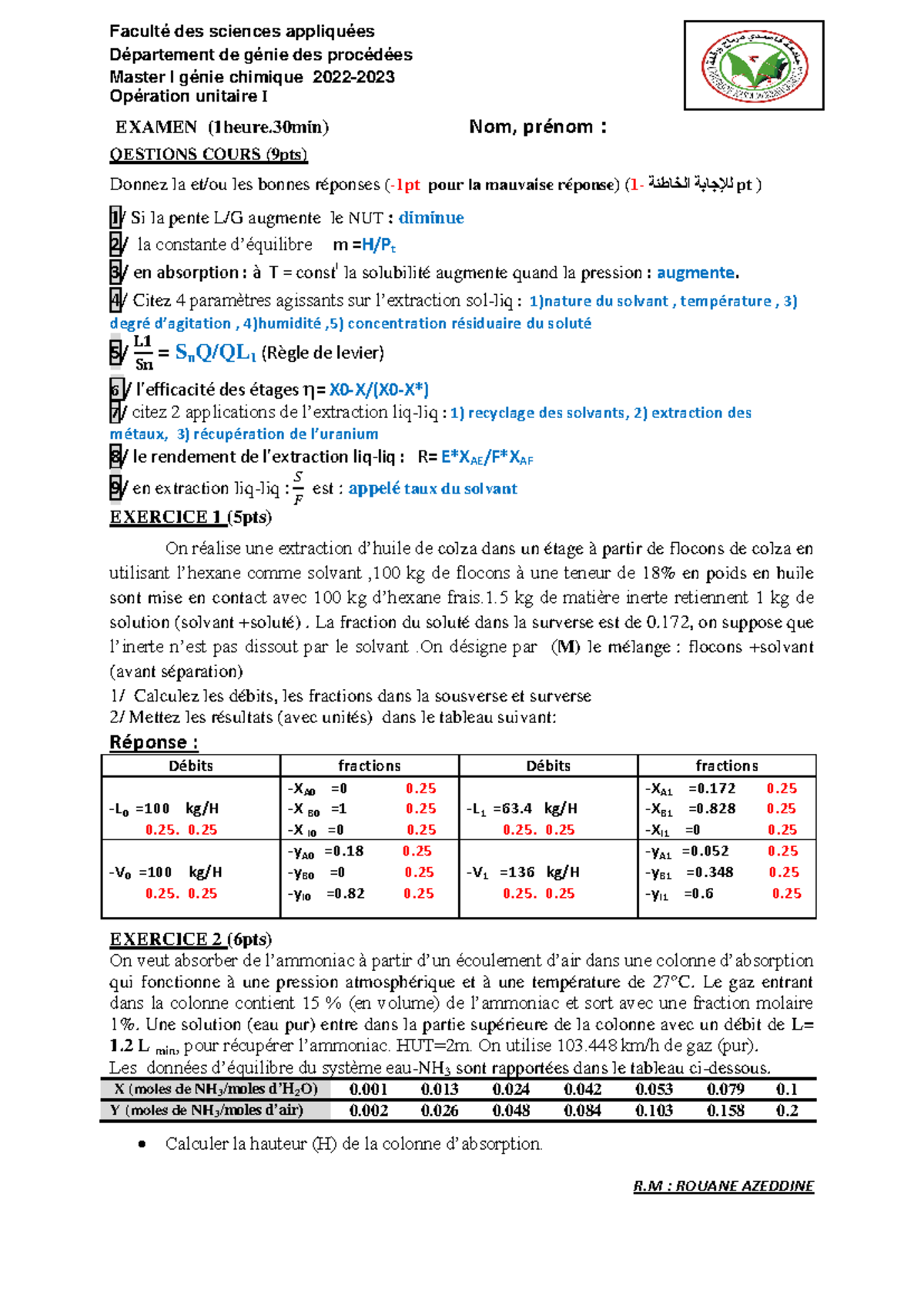 Examen 1 Corrigé d'Opérations Unitaires I - Master I Génie Chimique ...