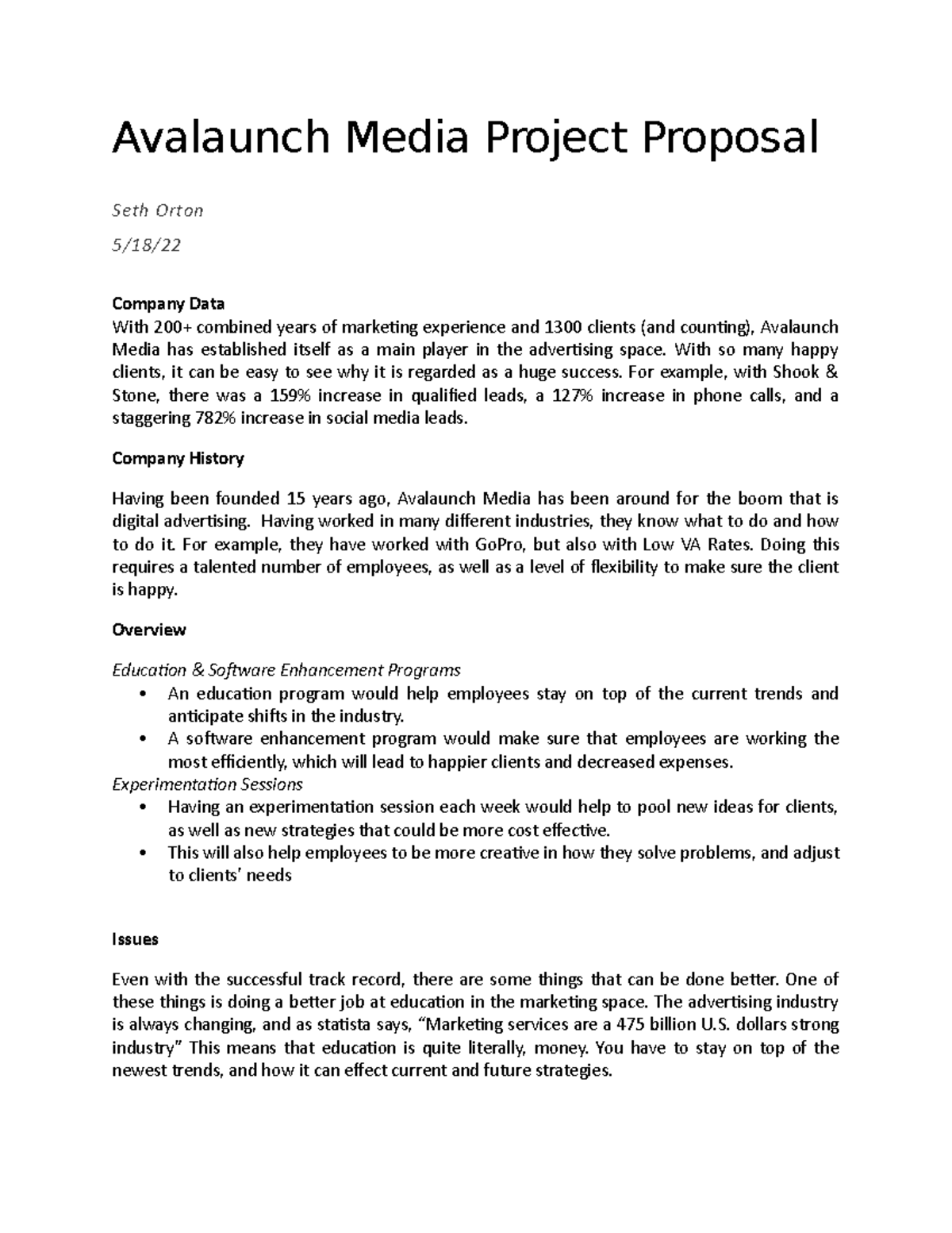BUS 301 Project Proposal Review for Avalaunch Media by Seth Orton - Studocu