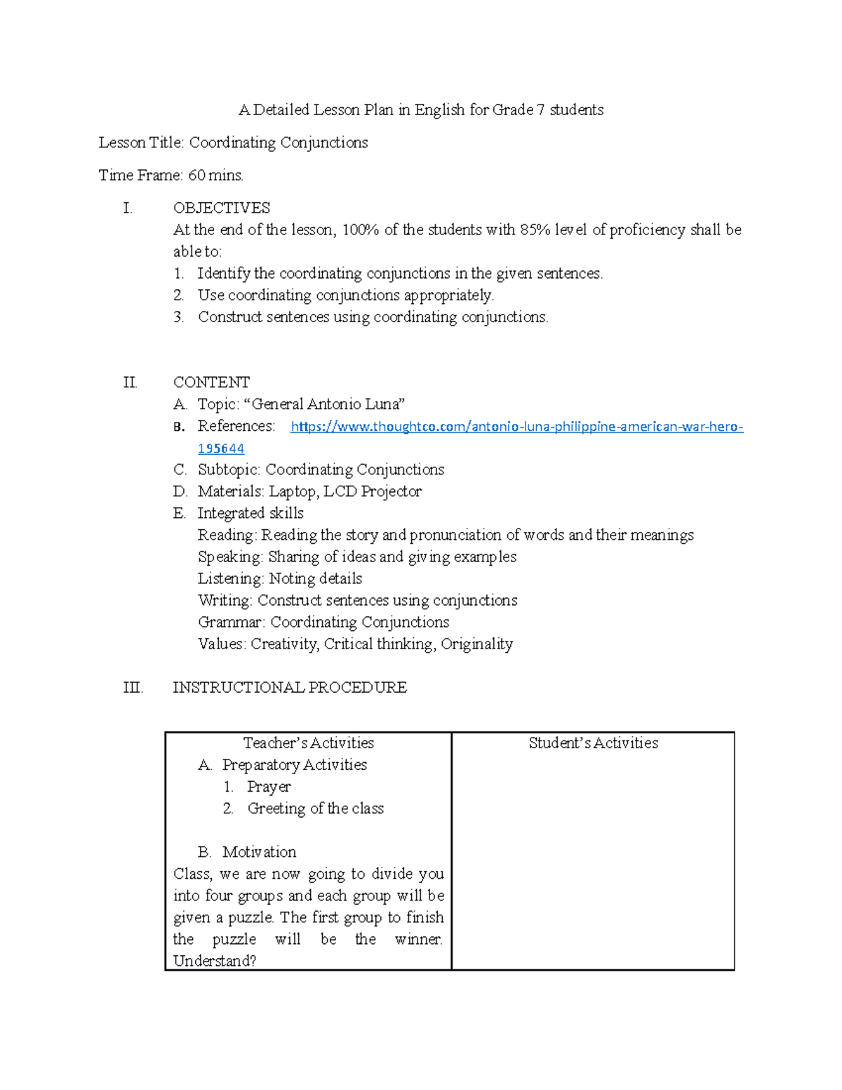 Grade 7 English Lesson Plan: Coordinating Conjunctions & General Luna ...