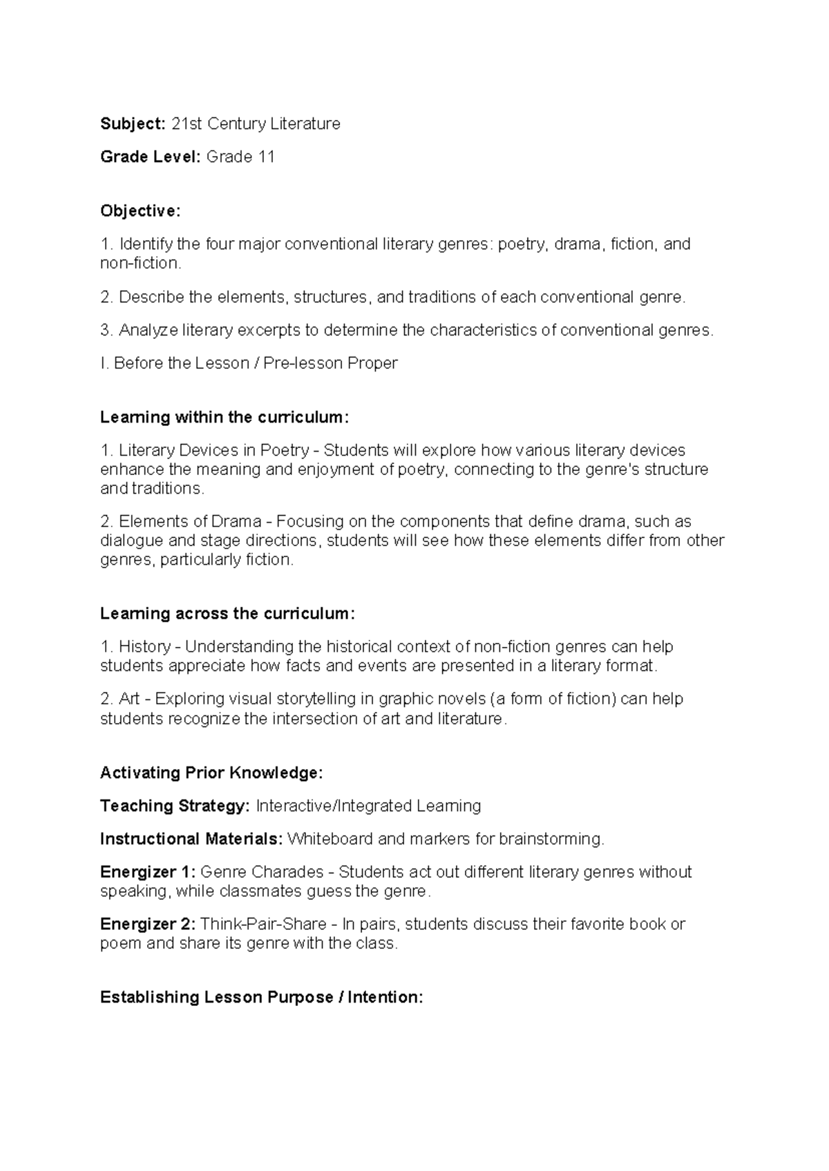 Lesson Plan: Exploring Major Literary Genres in 21st Century Literature ...