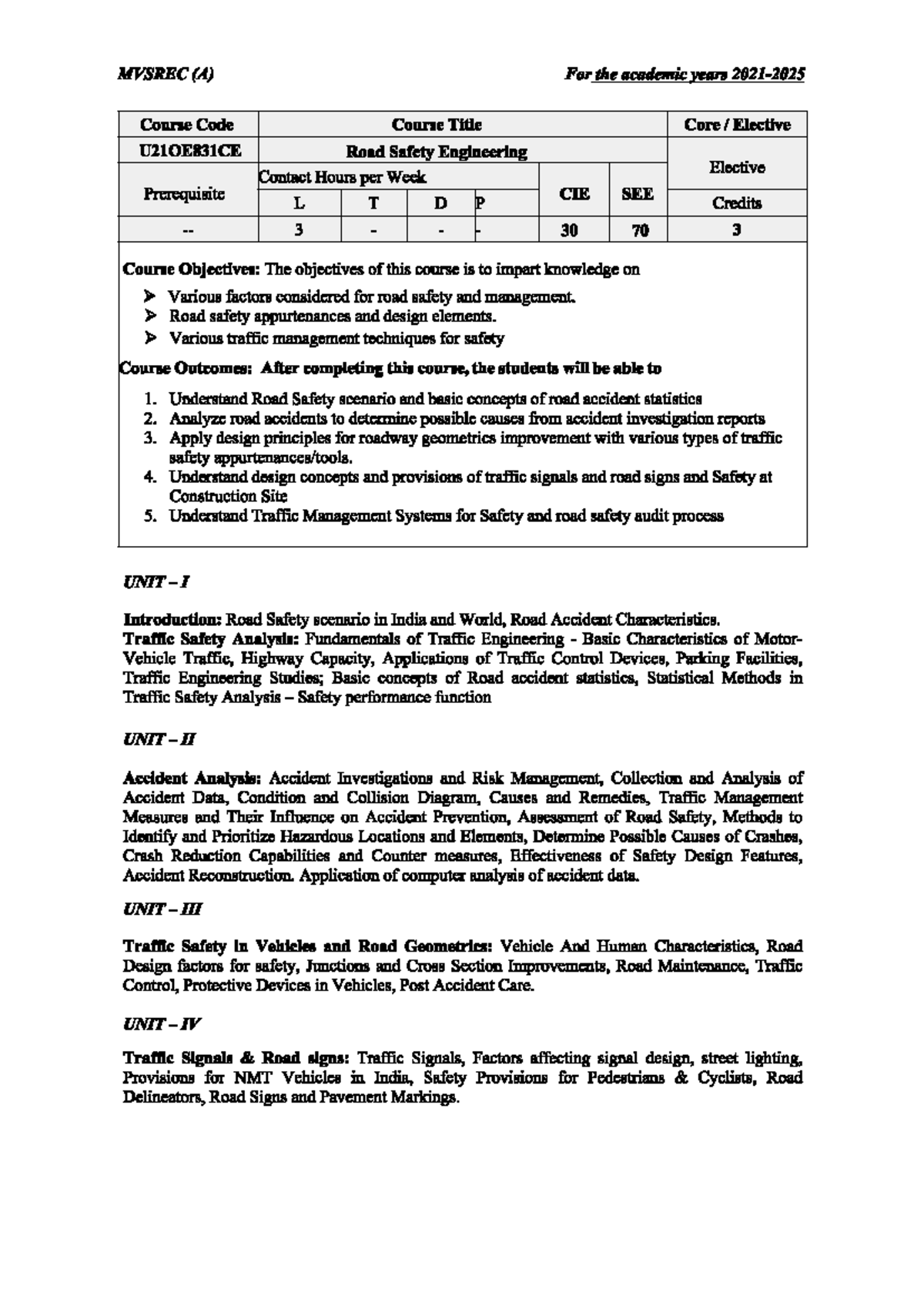 Road Safety Engineering Syllabus U21OE831CE - Studocu