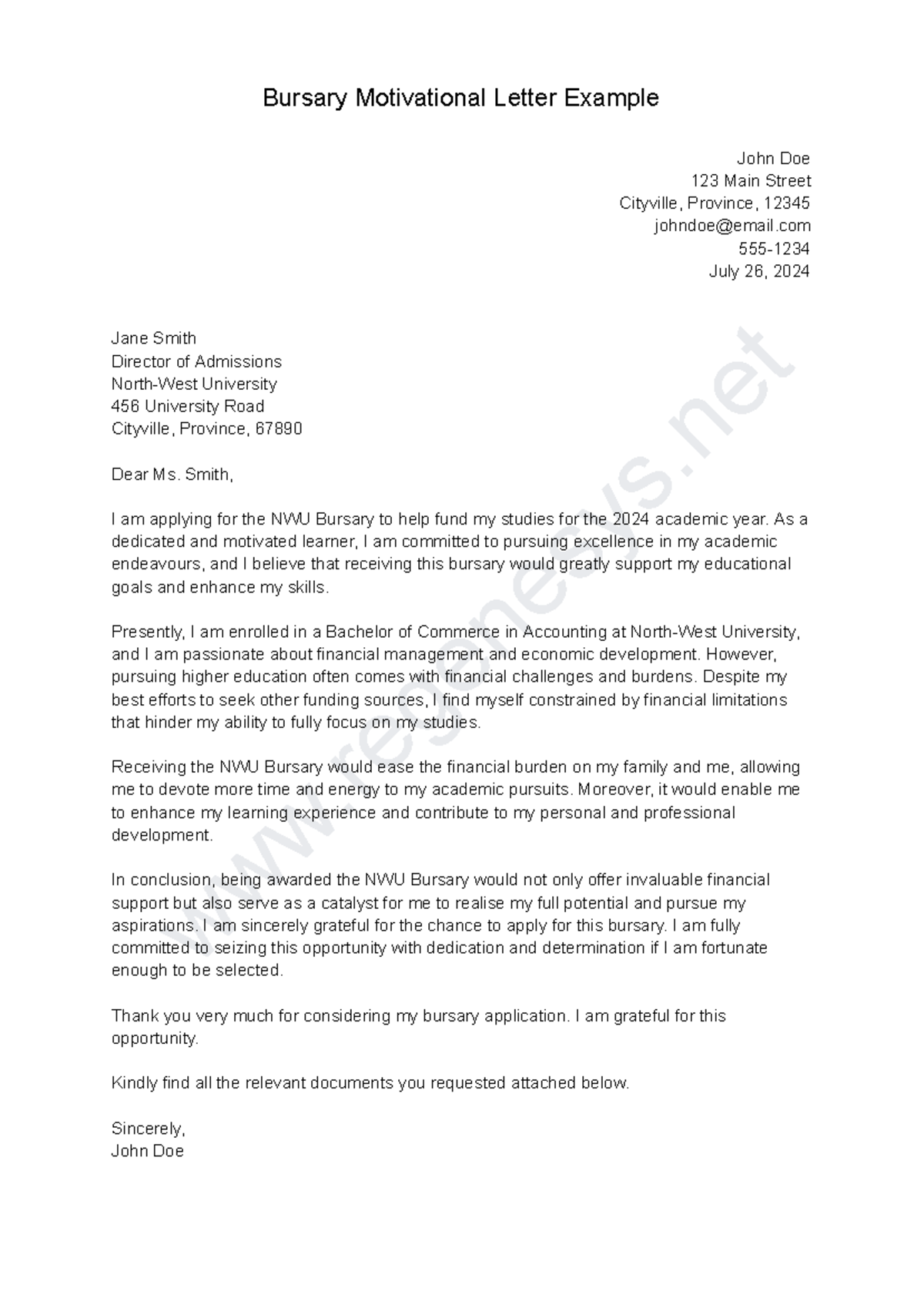 NWU Bursary Motivational Letter Example by John Doe - Studocu