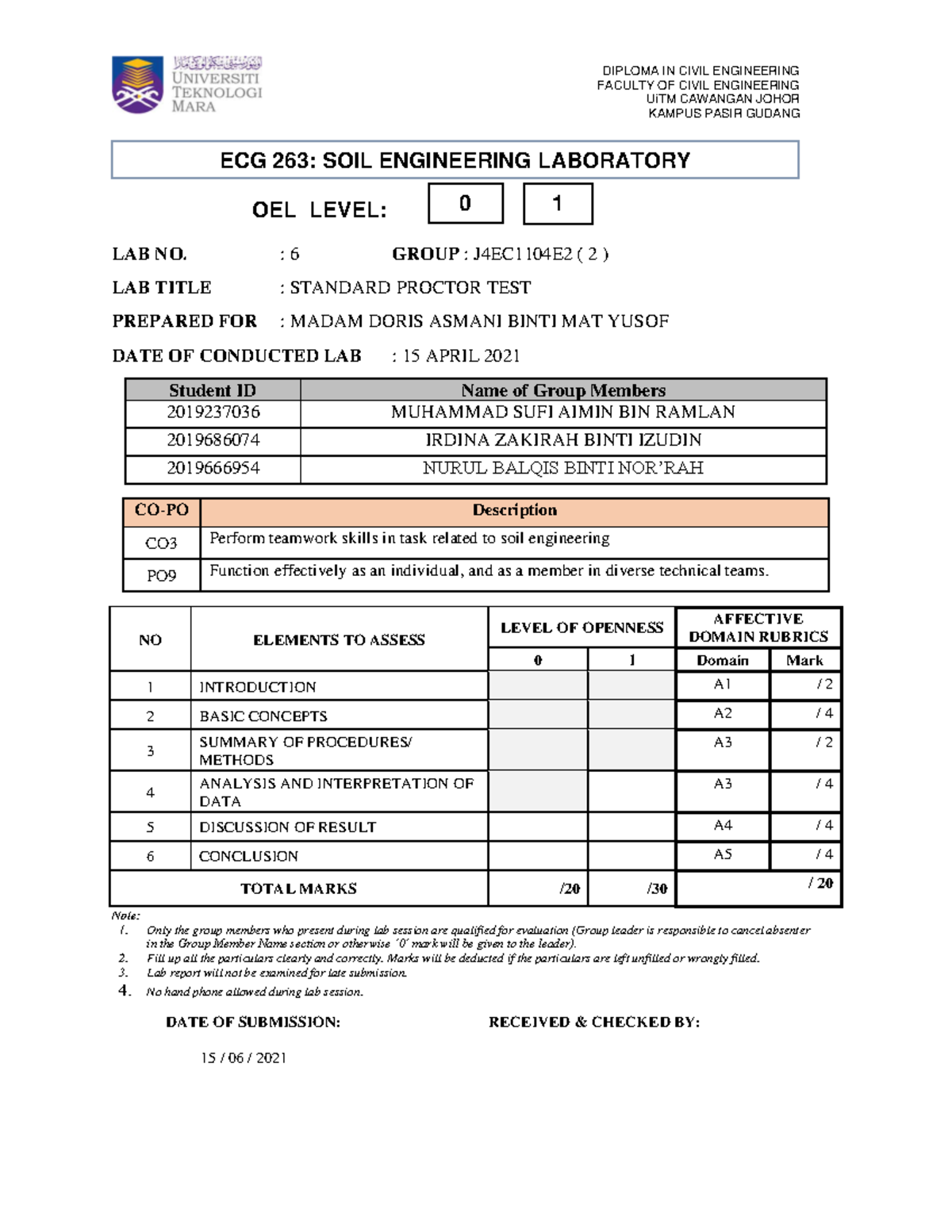 Lab Report: Standard Proctor Test - ECG 263 Soil Engineering - Studocu