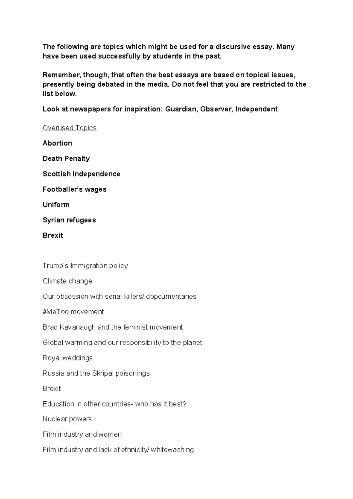 Discursive Essay Topics for Folio Essay No. 2 - Studocu