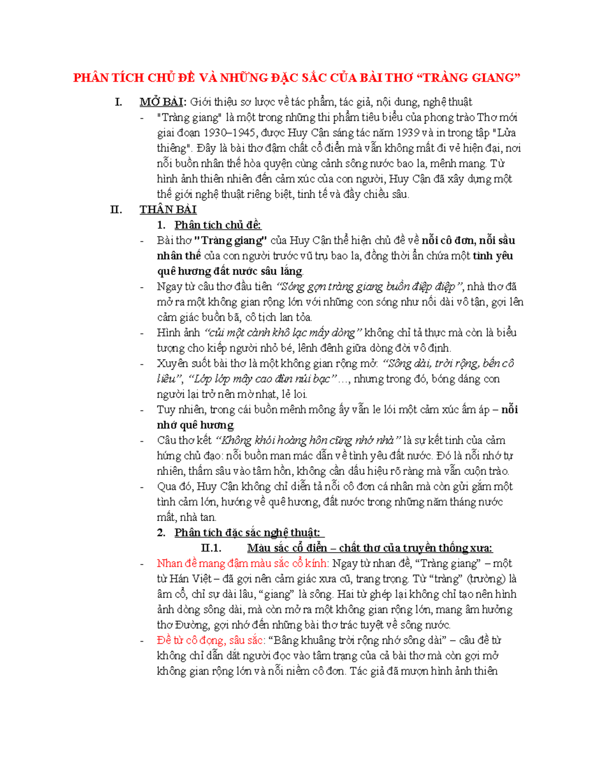 PHÂN TÍCH CHỦ ĐỀ VÀ ĐẶC SẮC NGHỆ THUẬT BÀI THƠ TRÀNG GIANG - Studocu