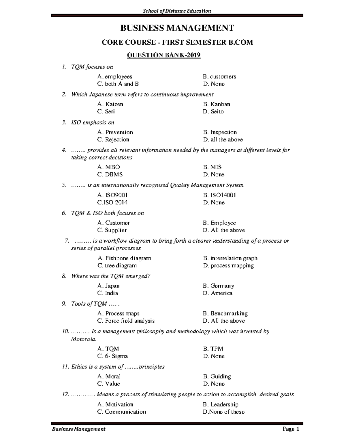 B.COM Business Management First Semester Exam Questions - Studocu