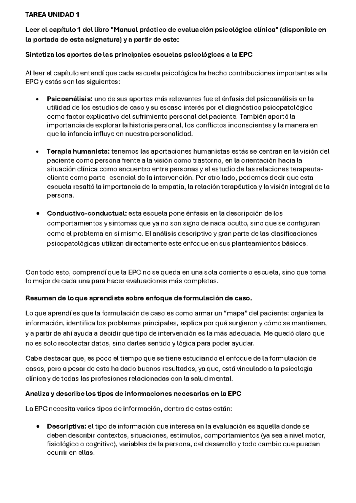 TAREA UNIDAD 1: Aportes de Escuelas Psicológicas a la EPC - Studocu