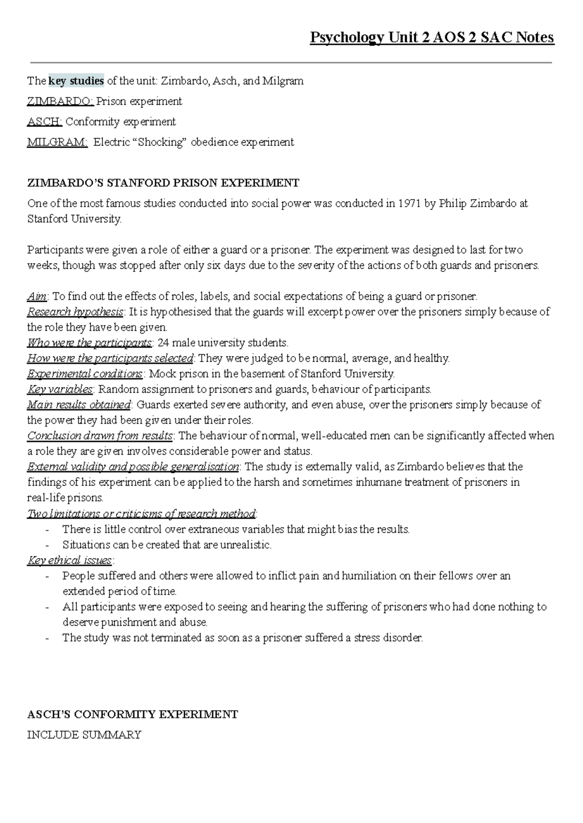 Psychology Unit 2 AOS 2 SAC Key Studies and Notes - Studocu