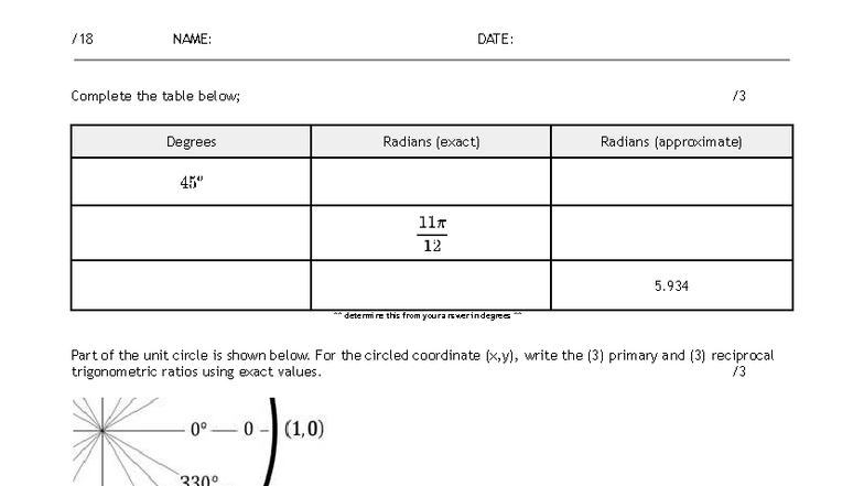 MHF4U Quiz 7b: Trigonometric Ratios & Unit Circle Practice - Studocu