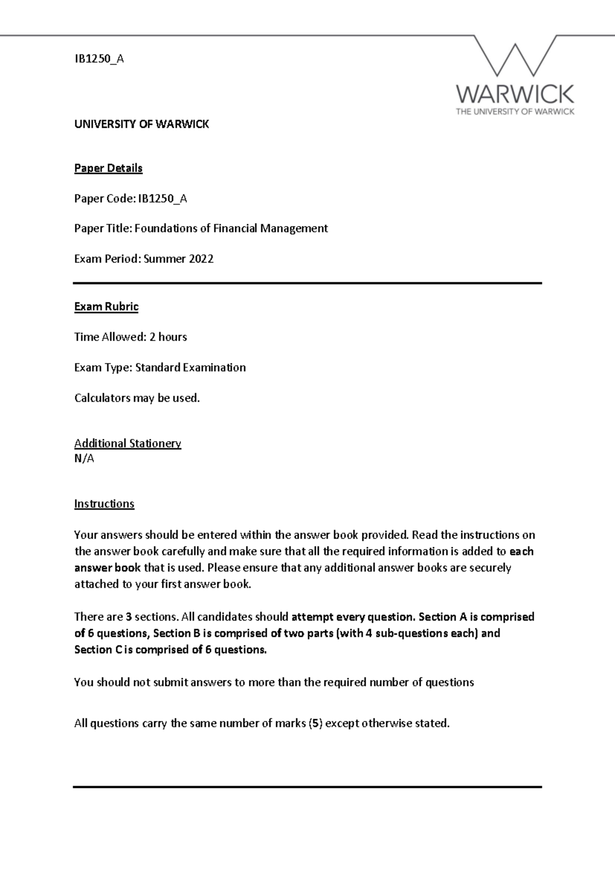 IB1250_A Foundations of Financial Management Exam Paper - Summer 2022 ...