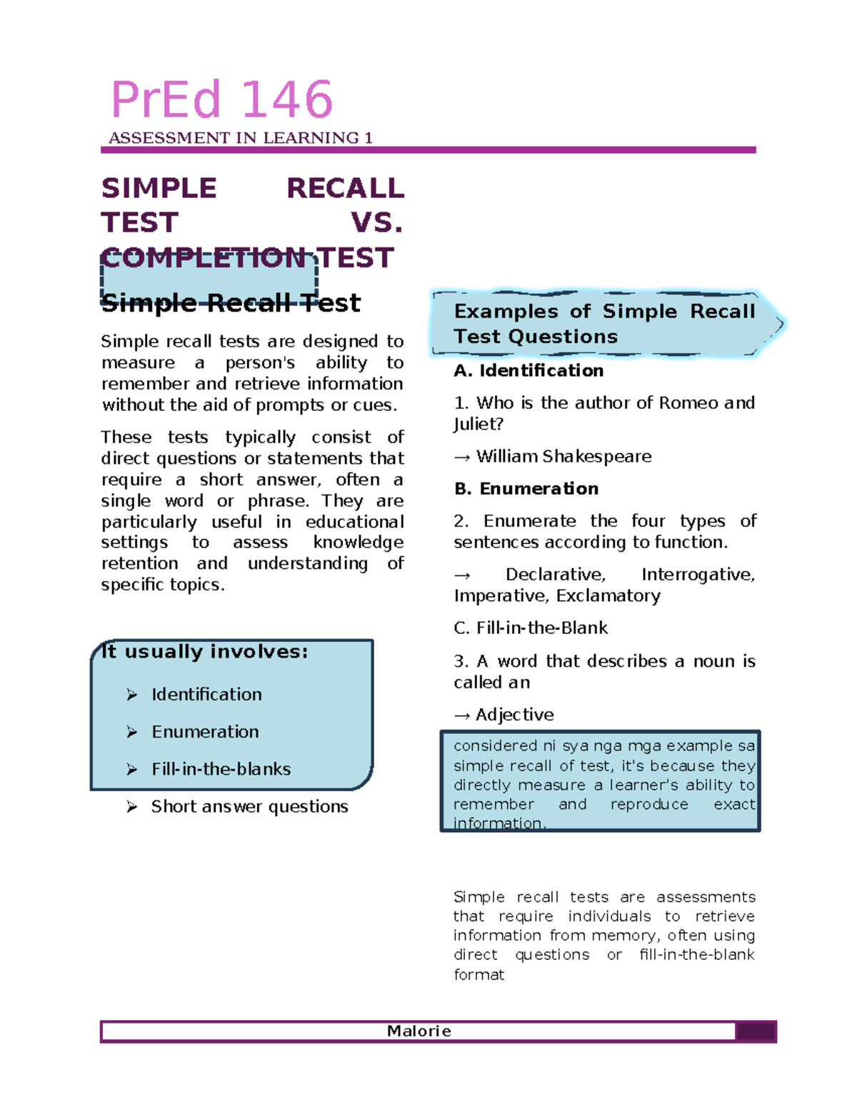 PrEd 146 ASSESSMENT IN LEARNING 1: Simple Recall vs. Completion Tests ...