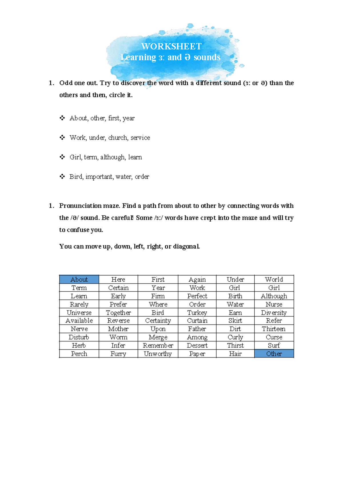 WORKSHEET: Learning ɜː and Ə Sounds - Odd One Out & Maze Activities ...