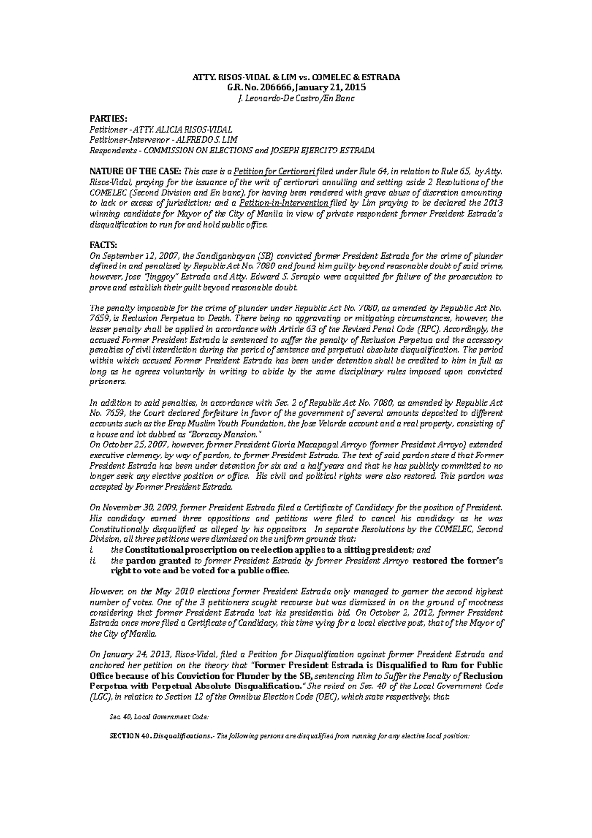 ATTY. Risos- Vidal & LIM vs. Comelec & Estrada - Juris Doctor - UV ...