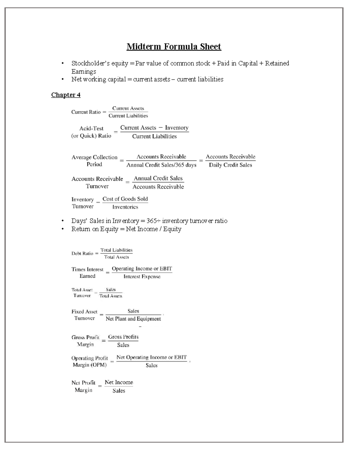 Midterm Formula Sheet - Principles Of Financial Management - Studocu