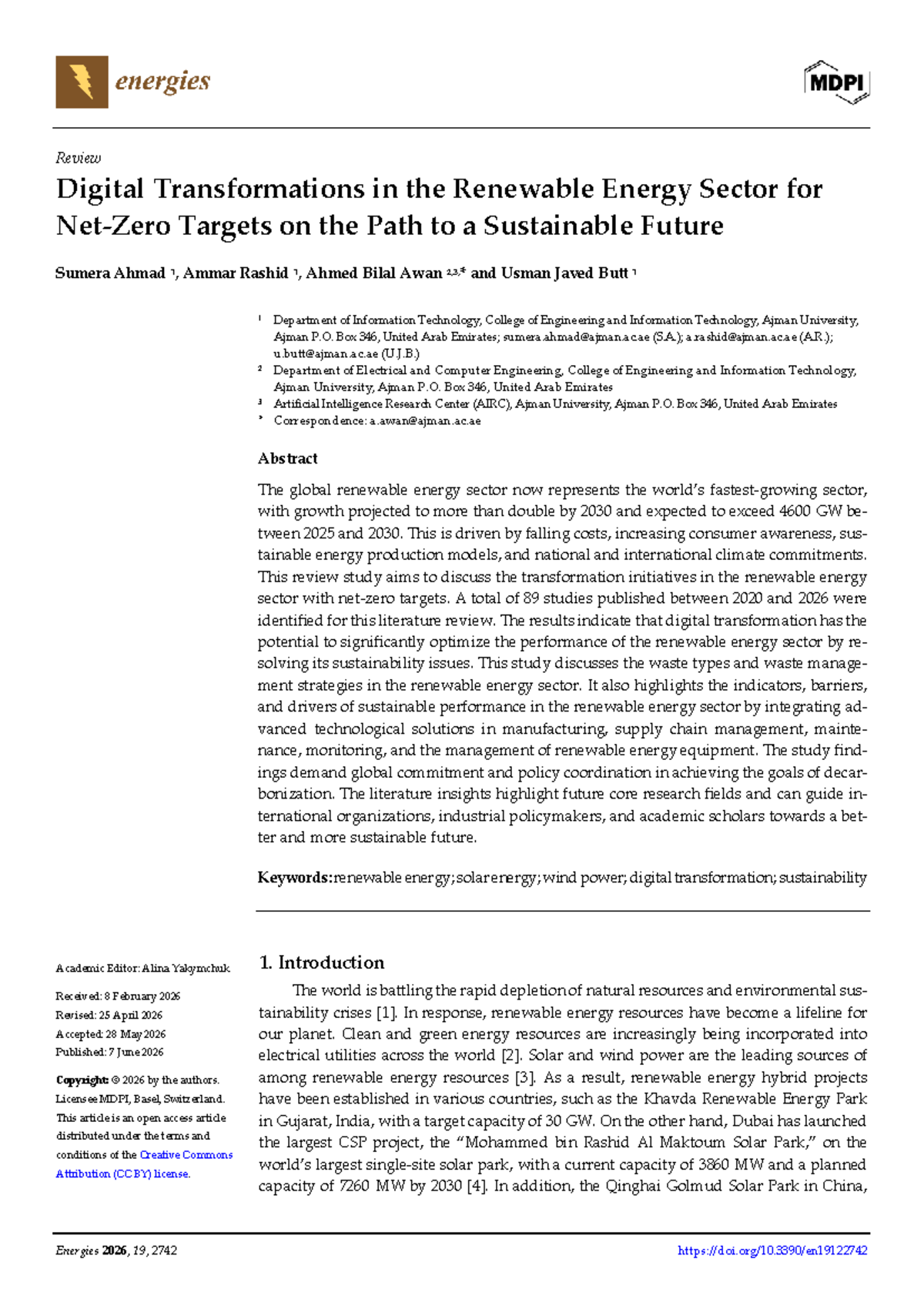 Digital Transformation in Renewable Energy: A Review for Sustainable ...