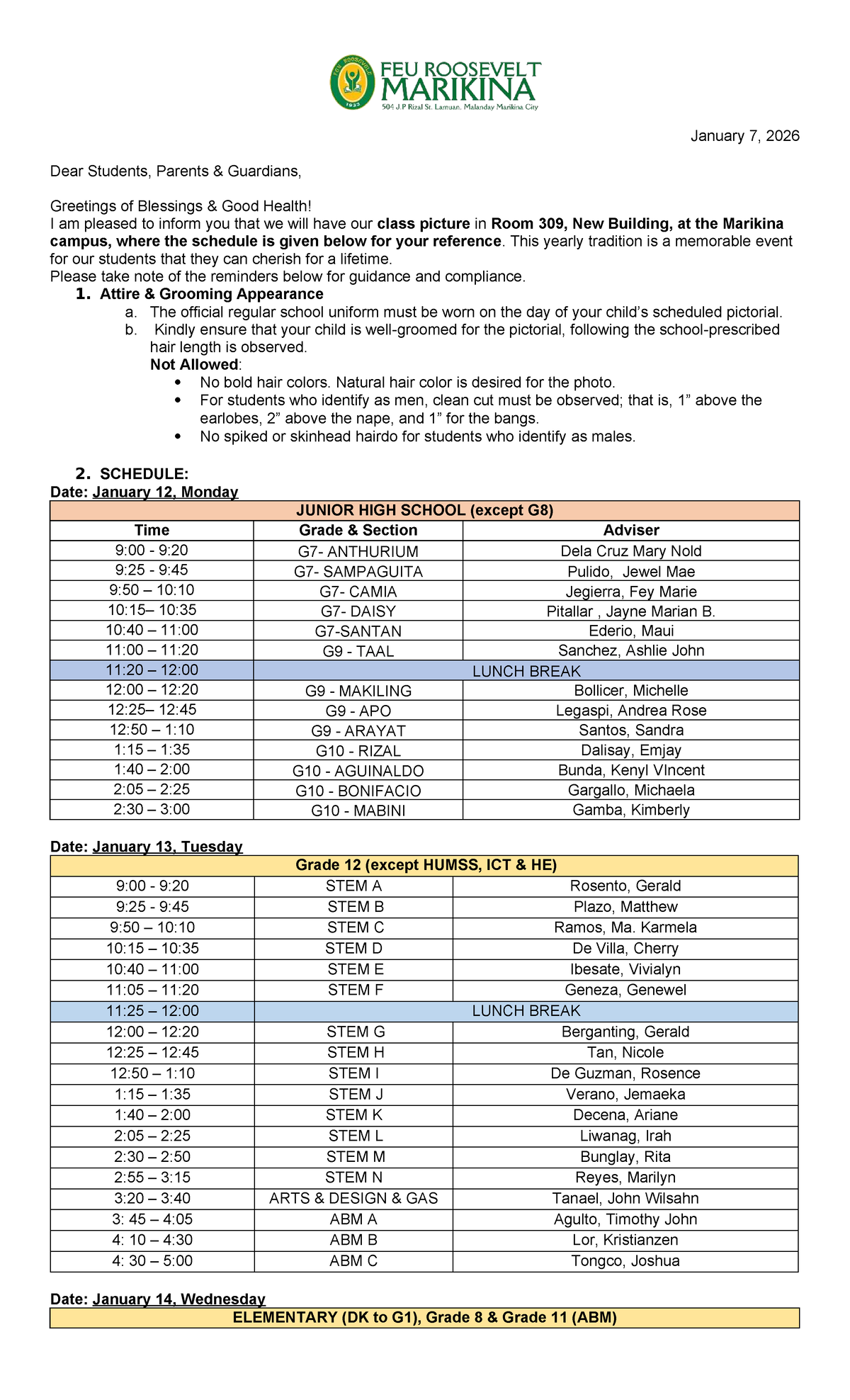 Class Picture Schedule SY 2025-26 for All Grades - Studocu