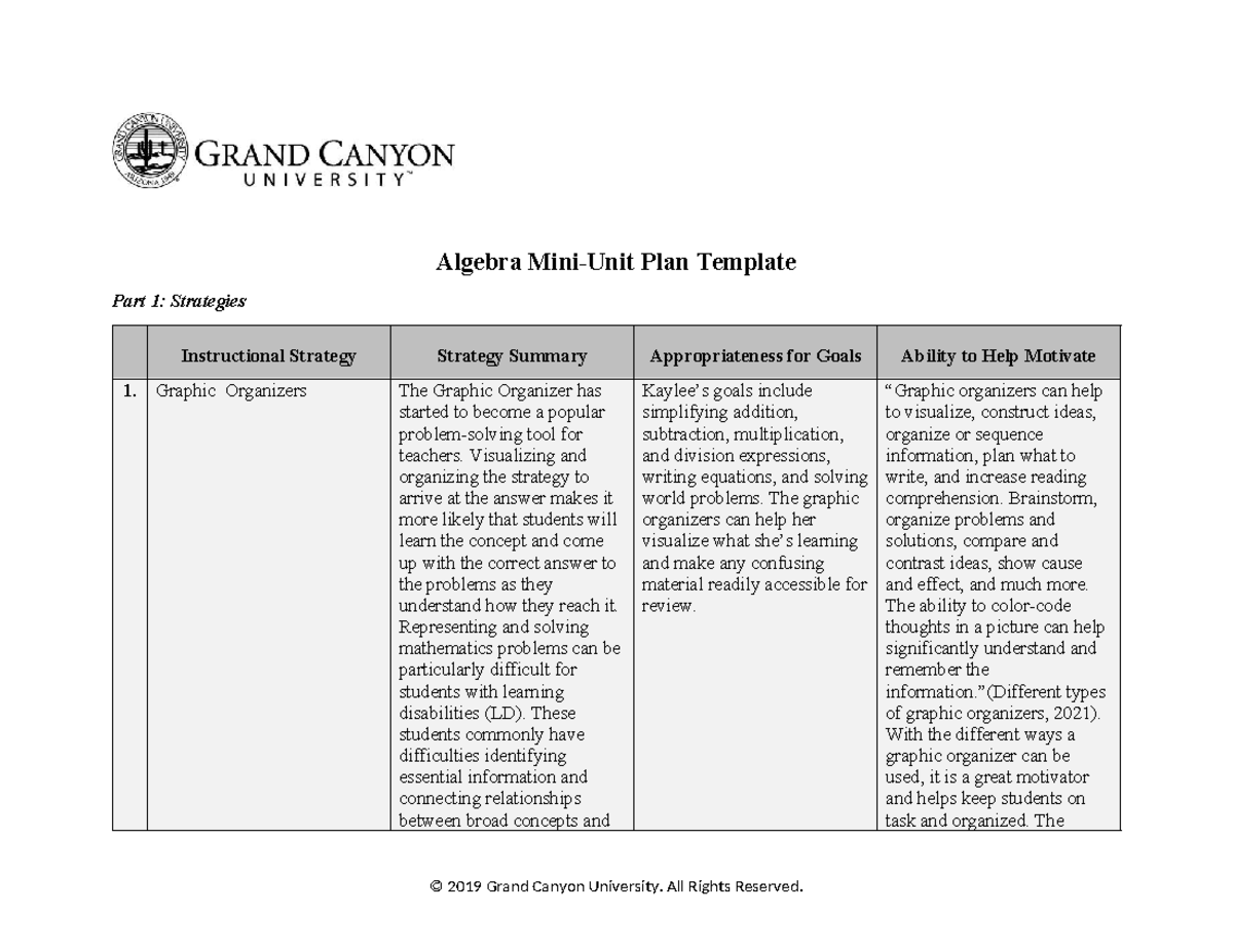 SPD-470-D-T7-Algebra Unit Plan BAR Template - Algebra Mini-Unit Plan ...