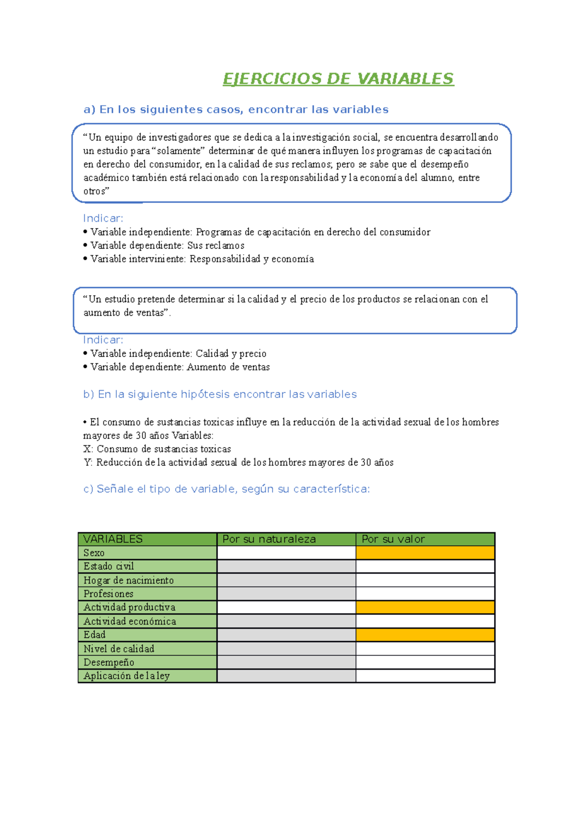 Ejercicios DE Variables - Semana 12 - EJERCICIOS DE VARIABLES a) En los ...