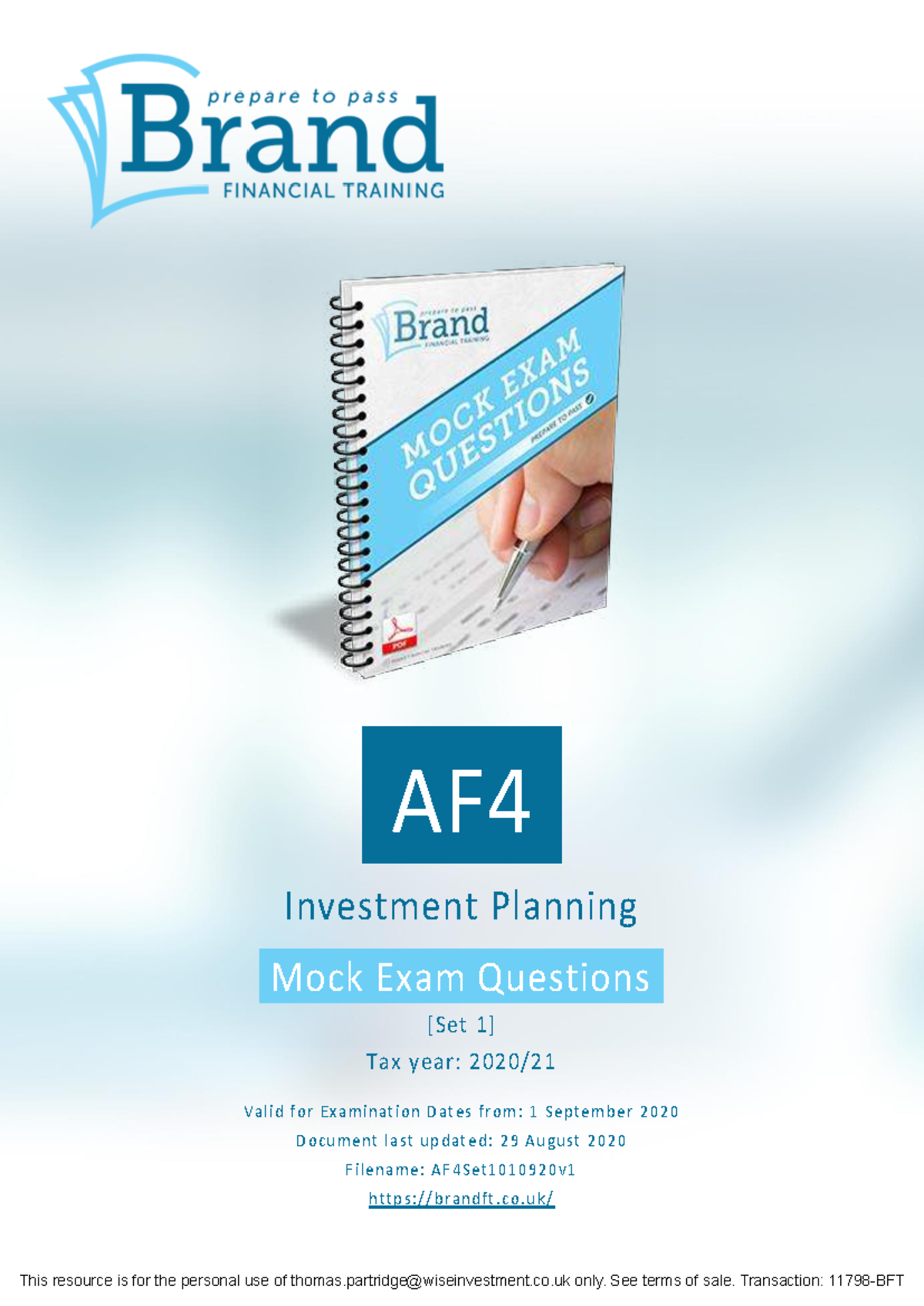 AF4 Investment Planning Mock Exam Paper Set 1 Analysis - Studocu